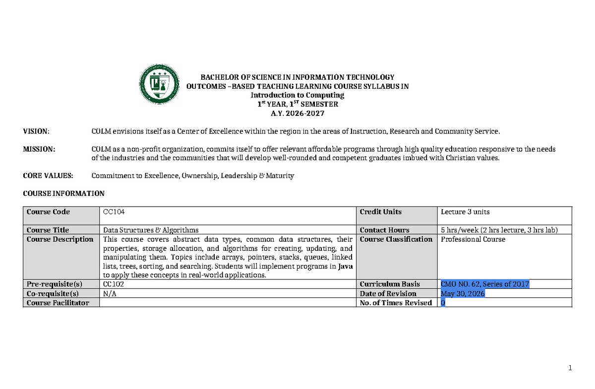 CC104 - Data Structures and Algorithms Course Syllabus - 1st Sem - Studocu