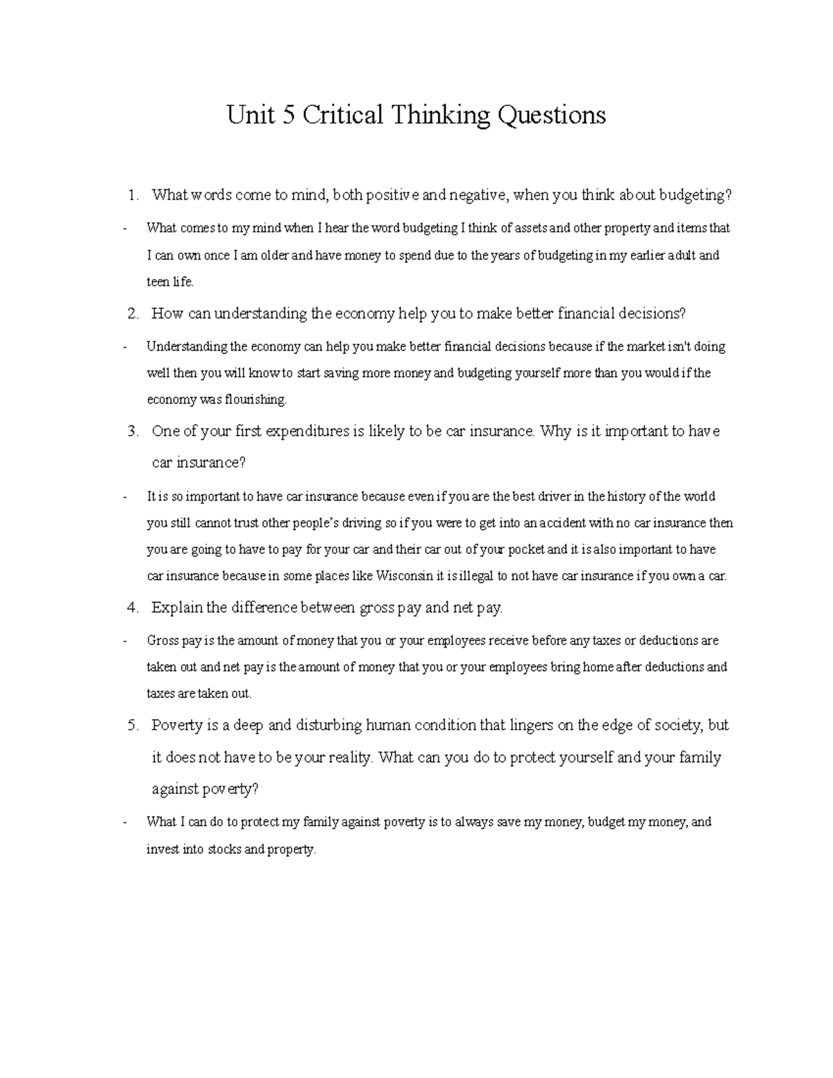 Unit 5: Critical Thinking Questions on Budgeting and Financial Literacy ...