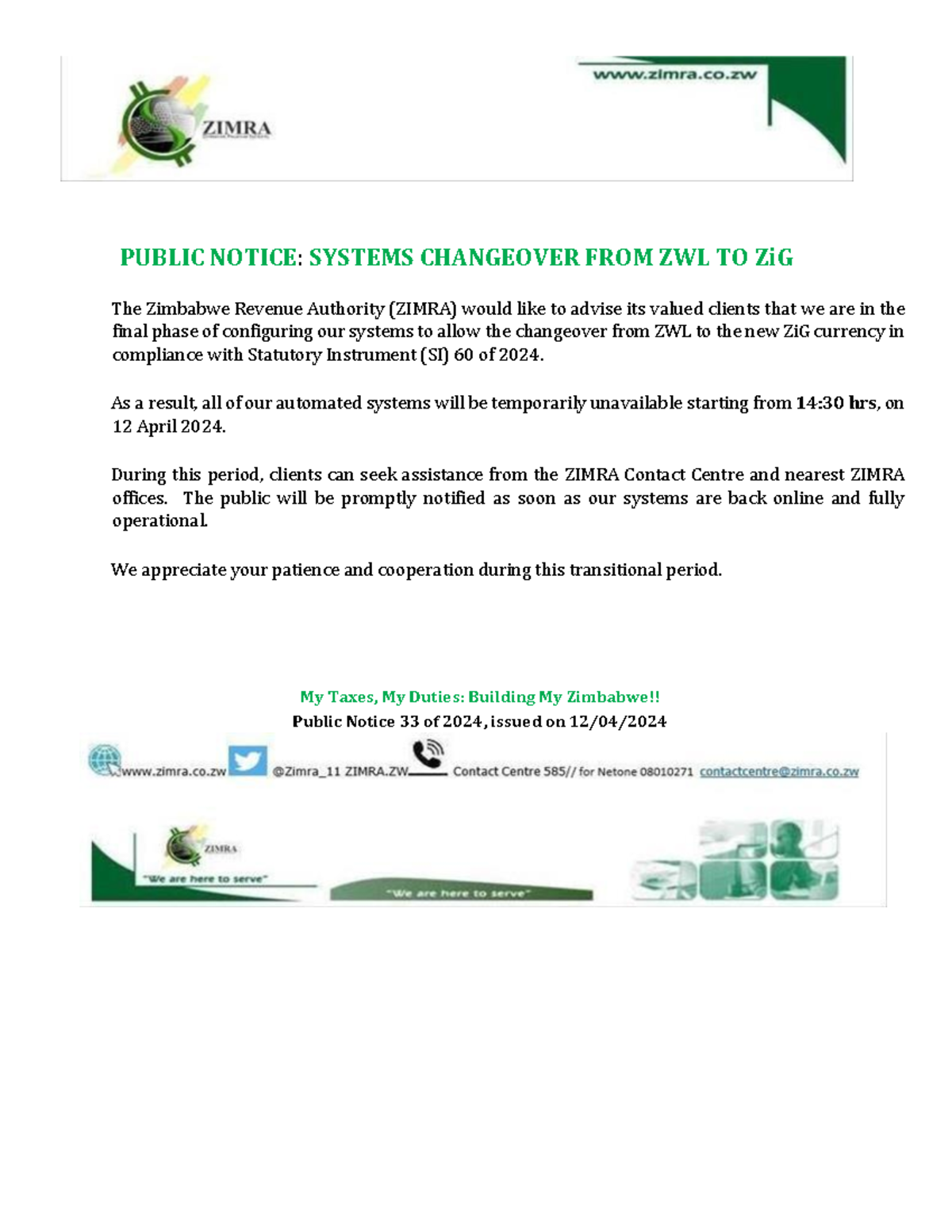 Public Notice 33/2024: ZWL to ZiG Systems Transition Update - Studocu