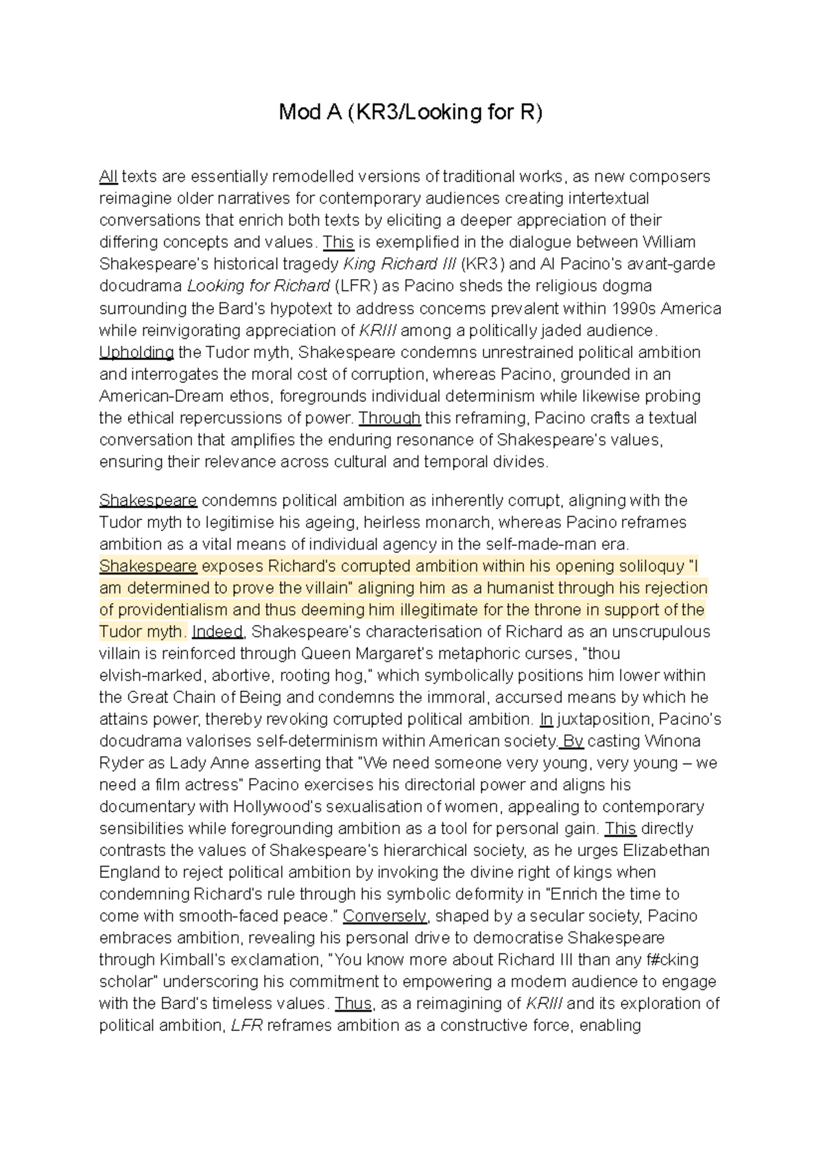 Richard Essay: Intertextual Analysis of KR3 and LFR - Studocu