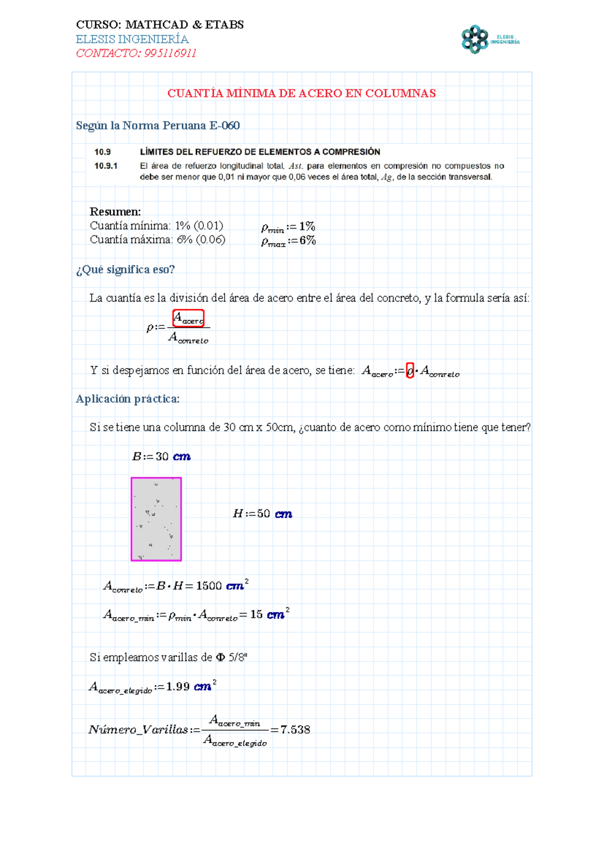 Cálculo de Acero Mínimo en Columnas - MATHCAD & ETABS Guide - Studocu