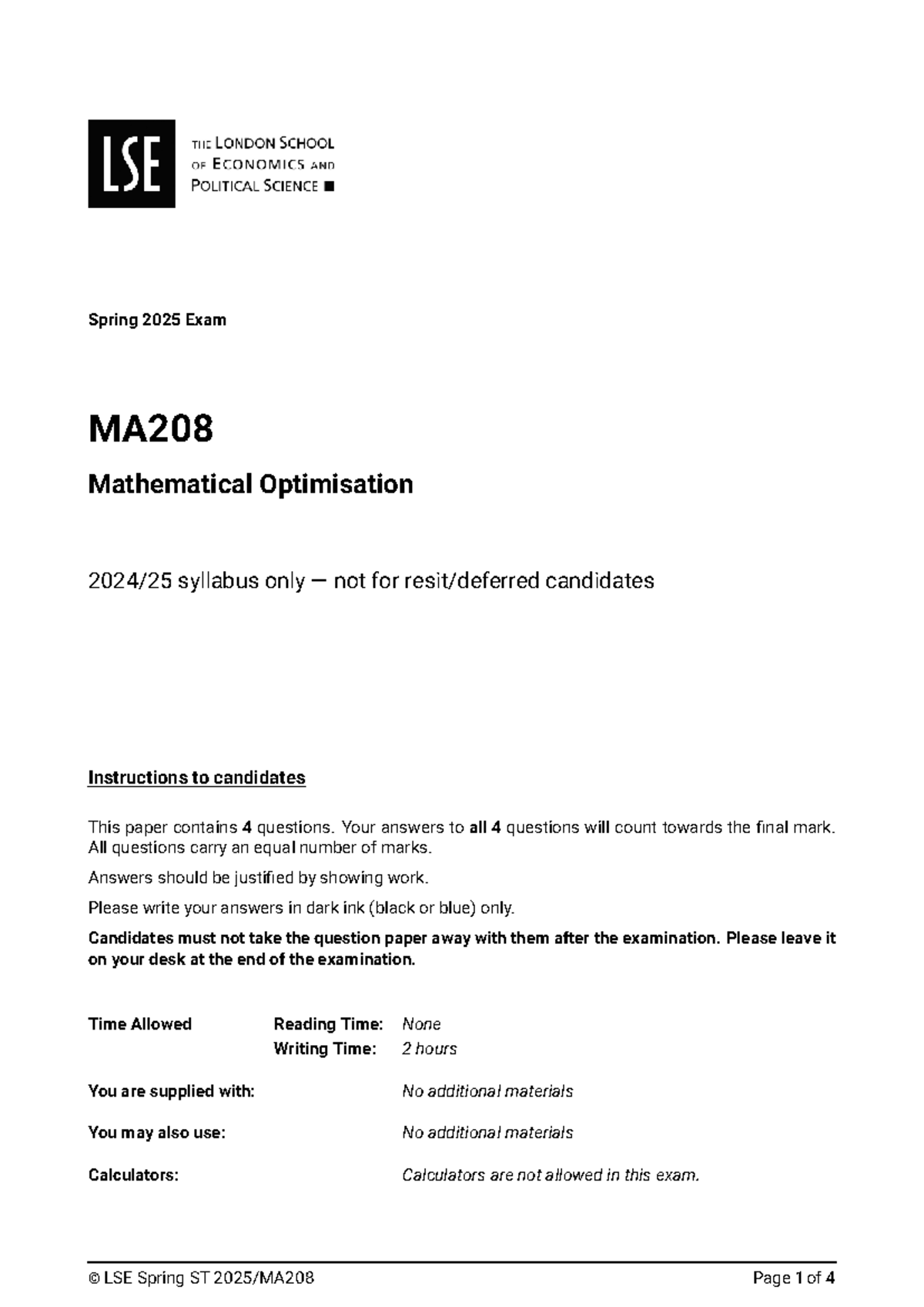 Exam MA208 Spring 2025 - Mathematical Optimisation Past Paper - Studocu