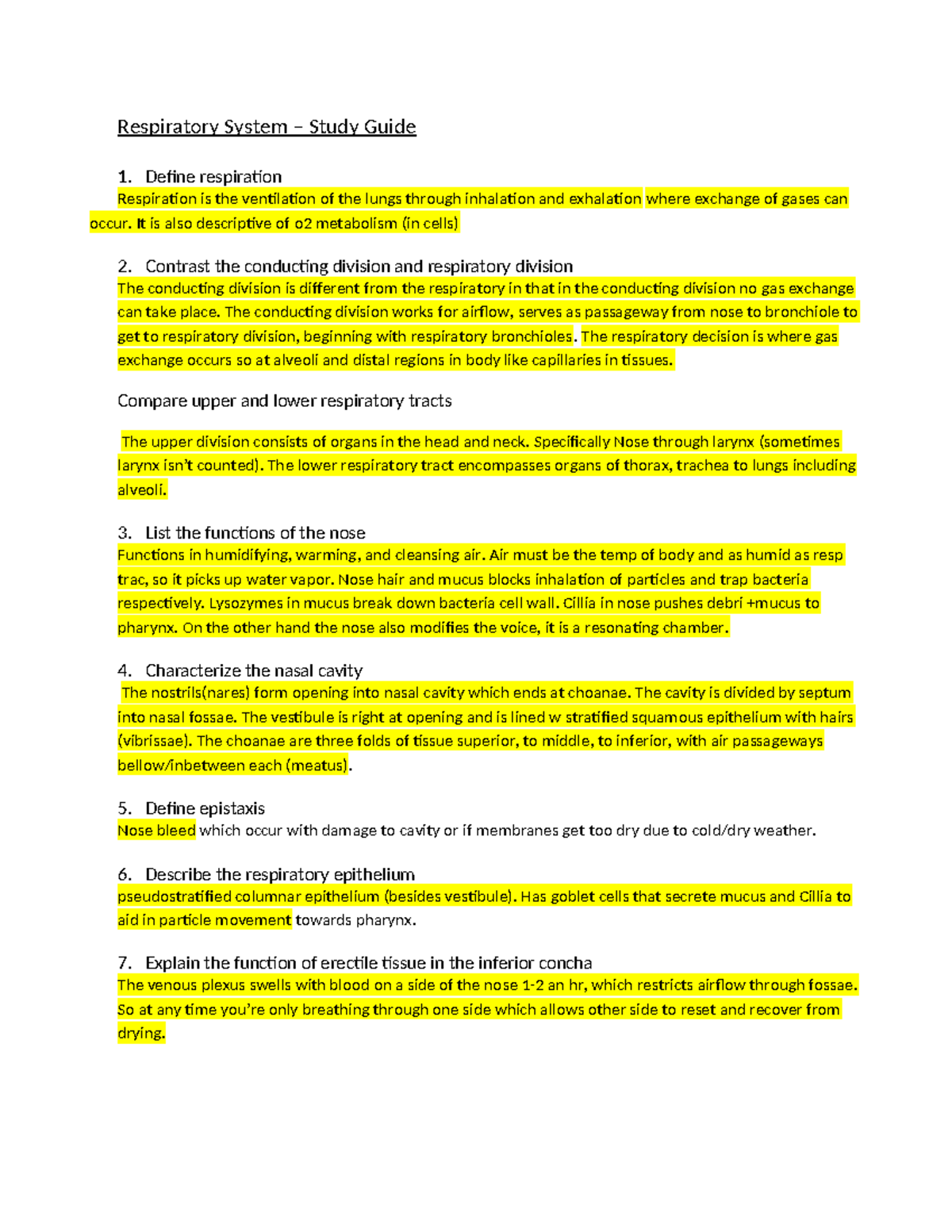 Respiratory System Study Guide: Volumes, Capacities & Disorders - Studocu