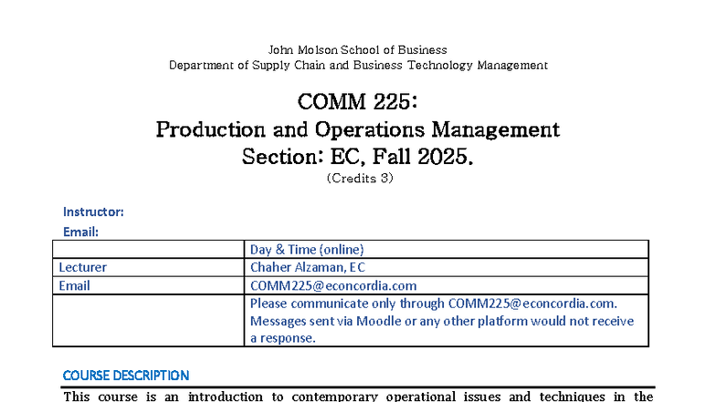 COMM 225: Production & Operations Management Course Outline - Fall 2025 ...