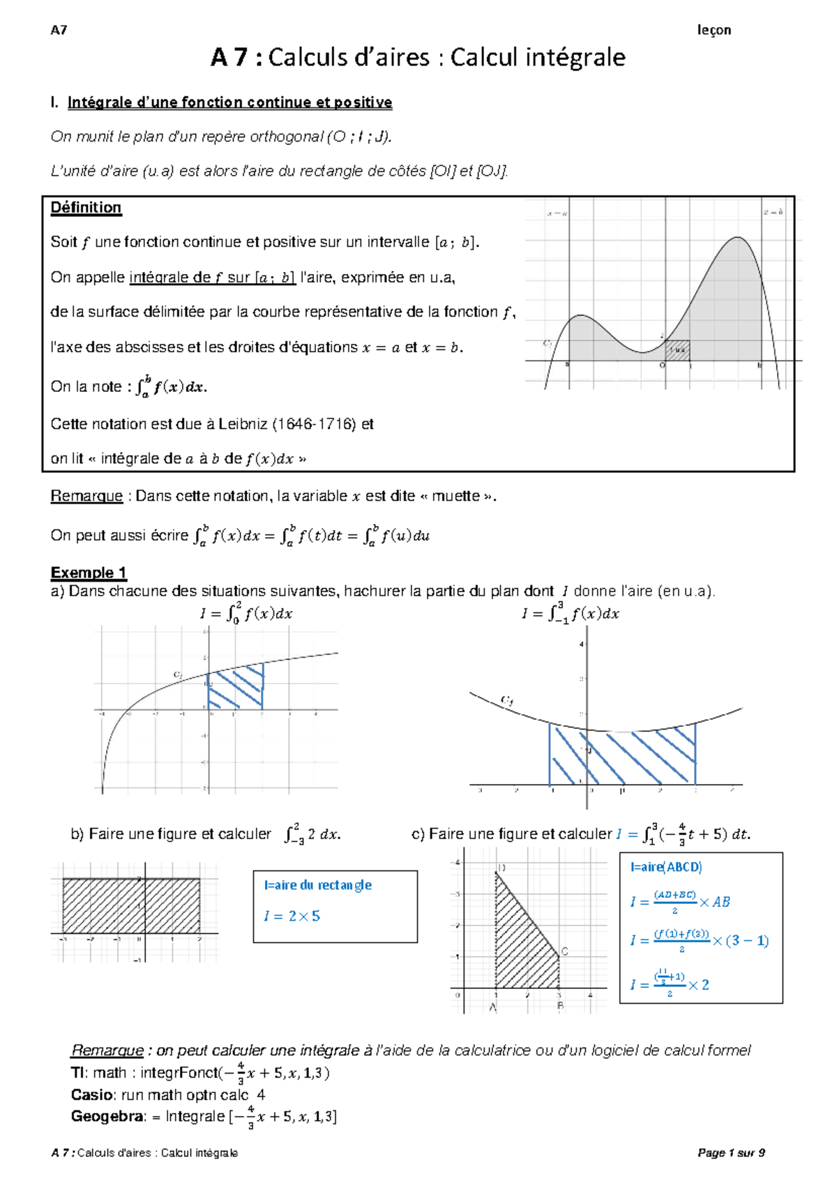 A7 : Leçon 7 - Calculs d'Intégrales de Fonctions Continues - Studocu