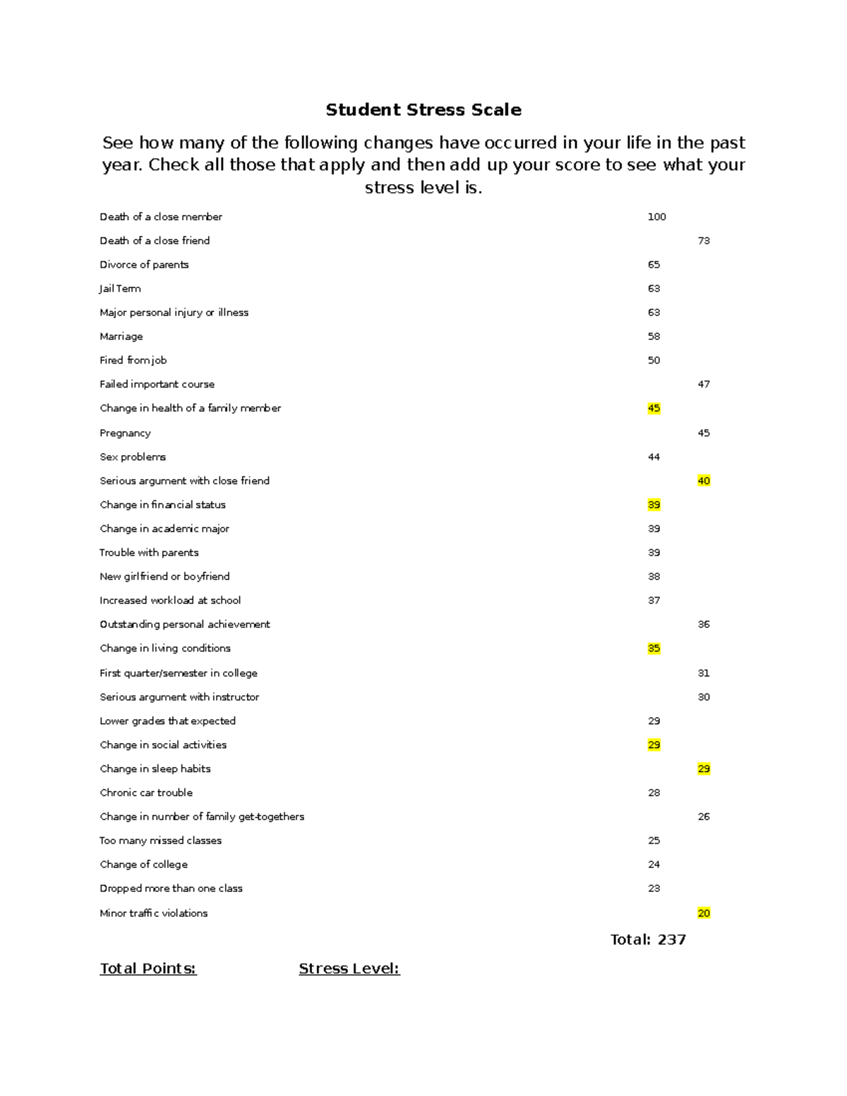 Student Stress Scale Assessment: Evaluate Your Life Changes - Studocu
