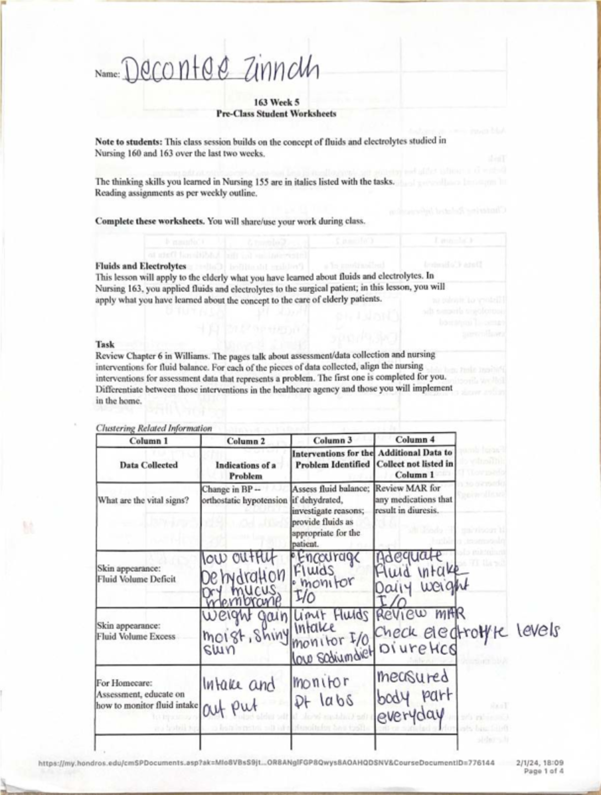 Nursing 163 Week 5: Fluids and Electrolytes Worksheets - Studocu