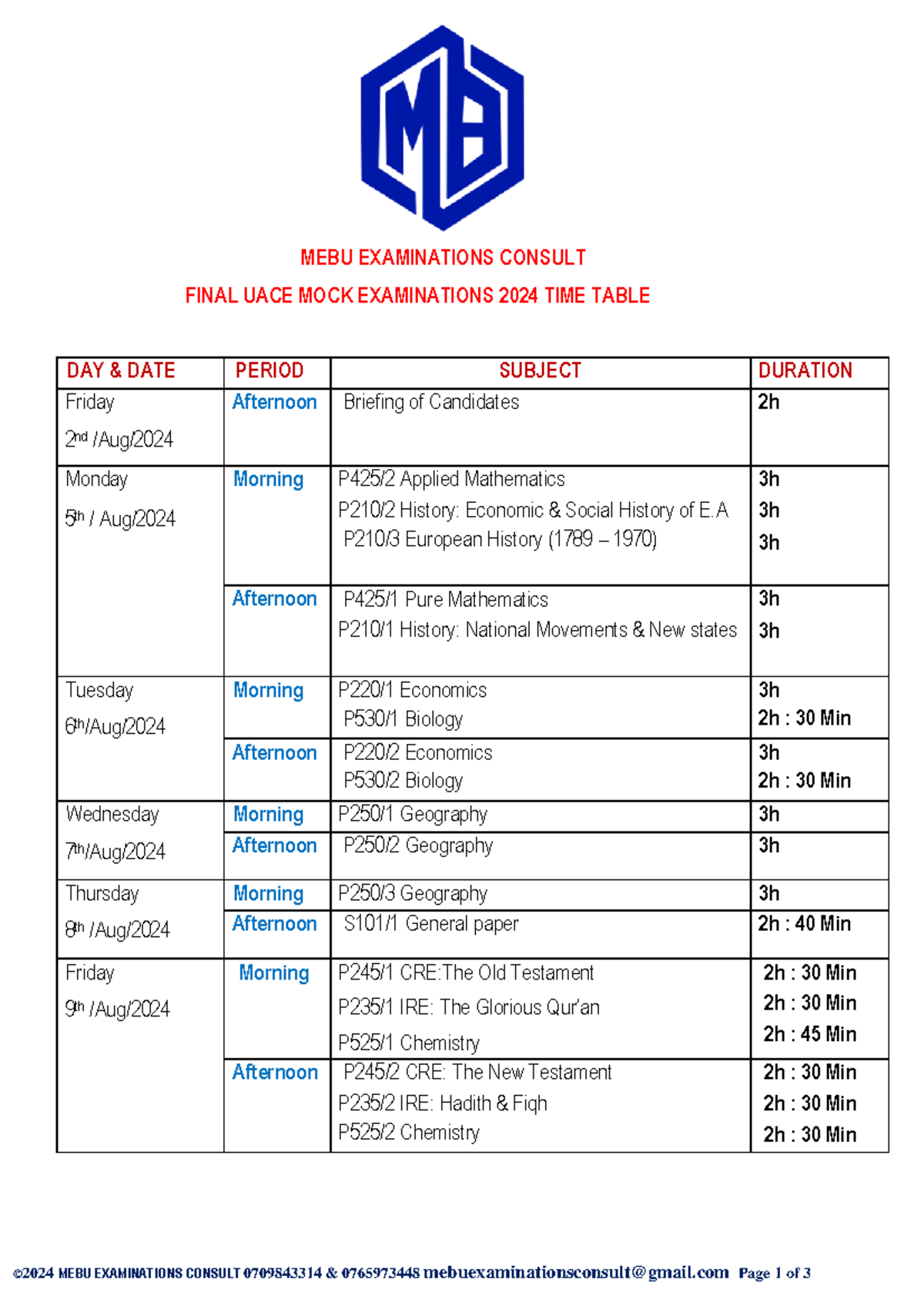 Final UACE MOCK EXAM TIME TABLE 2024 - MEBU - Studocu