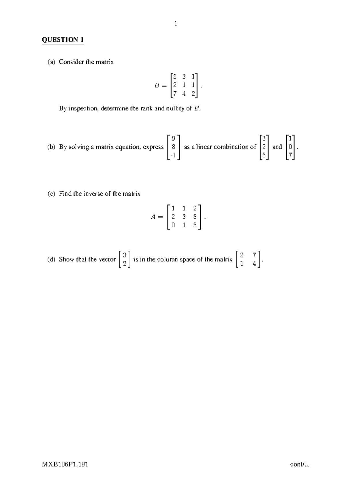 MXB106 Final Exam: Practice Questions & Solutions for Matrices - Studocu