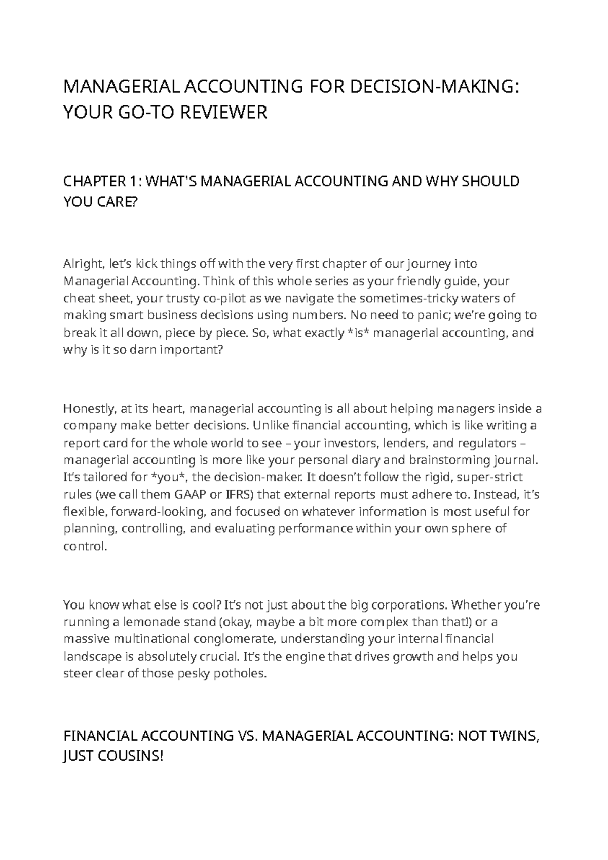 MANAGERIAL ACCOUNTING CH 1: IMPORTANCE & COST CLASSIFICATION - Studocu