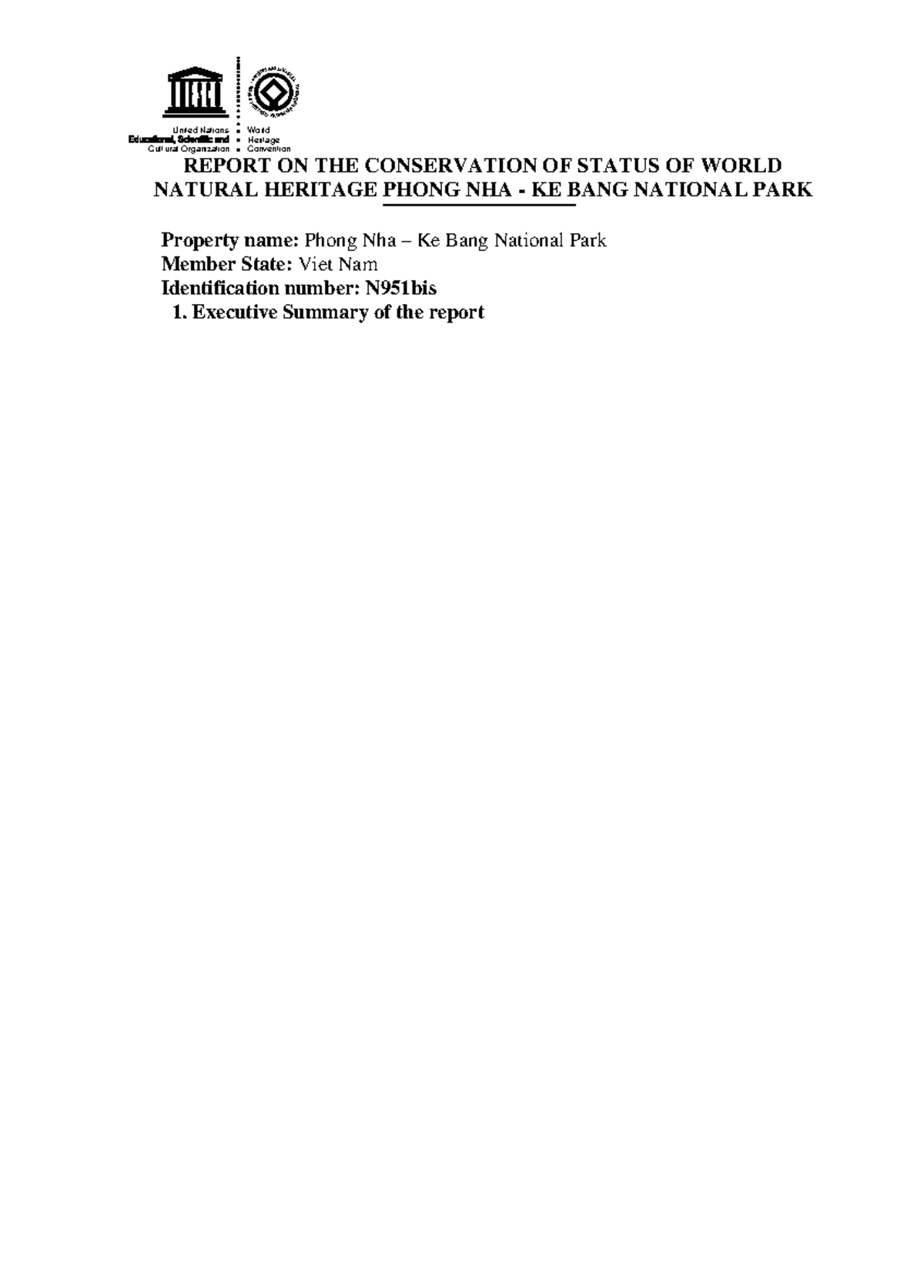 Report on the Conservation Status of Phong Nha Ke Bang NP (N951bis ...
