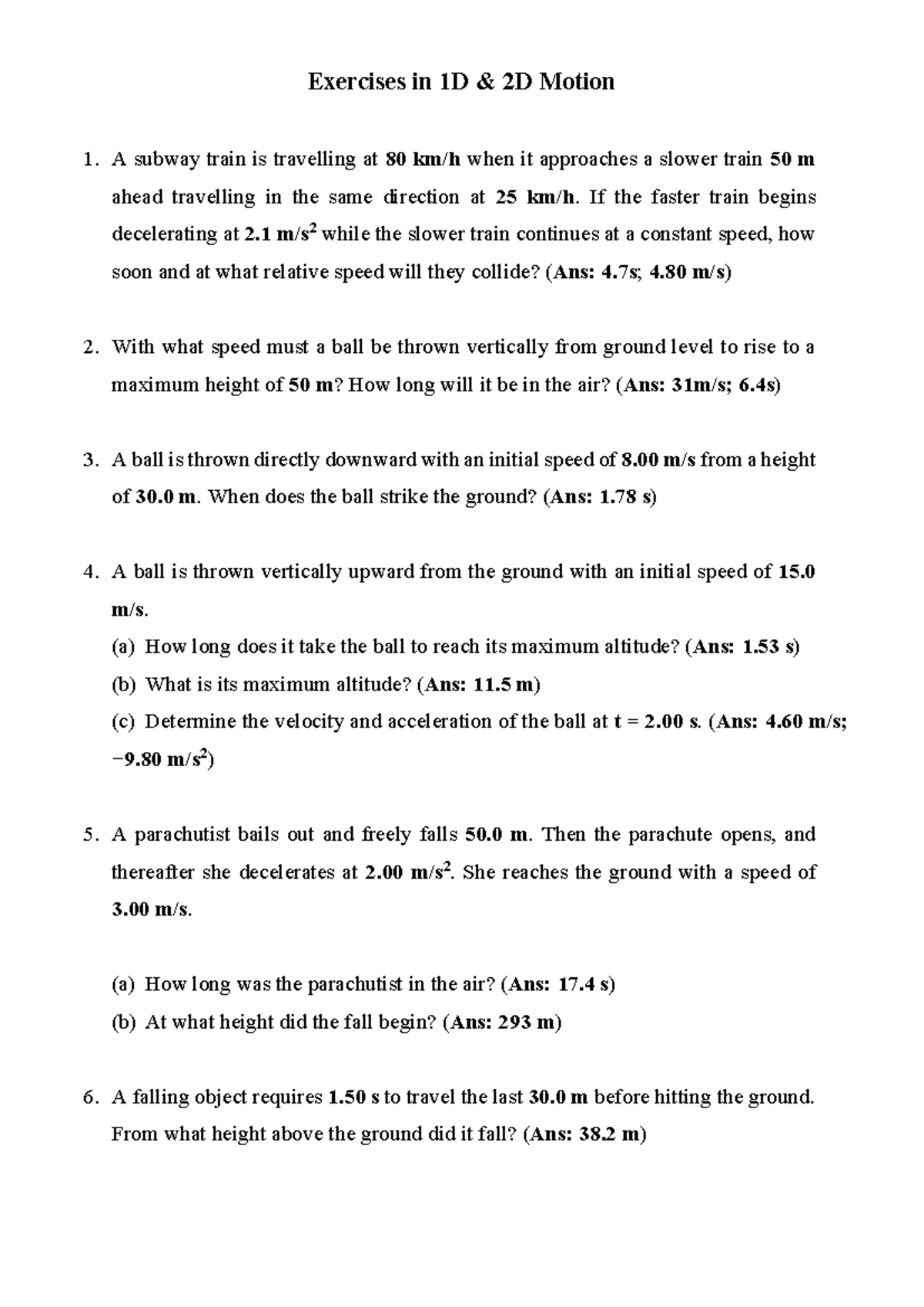 1D & 2D Motion Exercises for Physics 101: Problem Solving and Answers ...