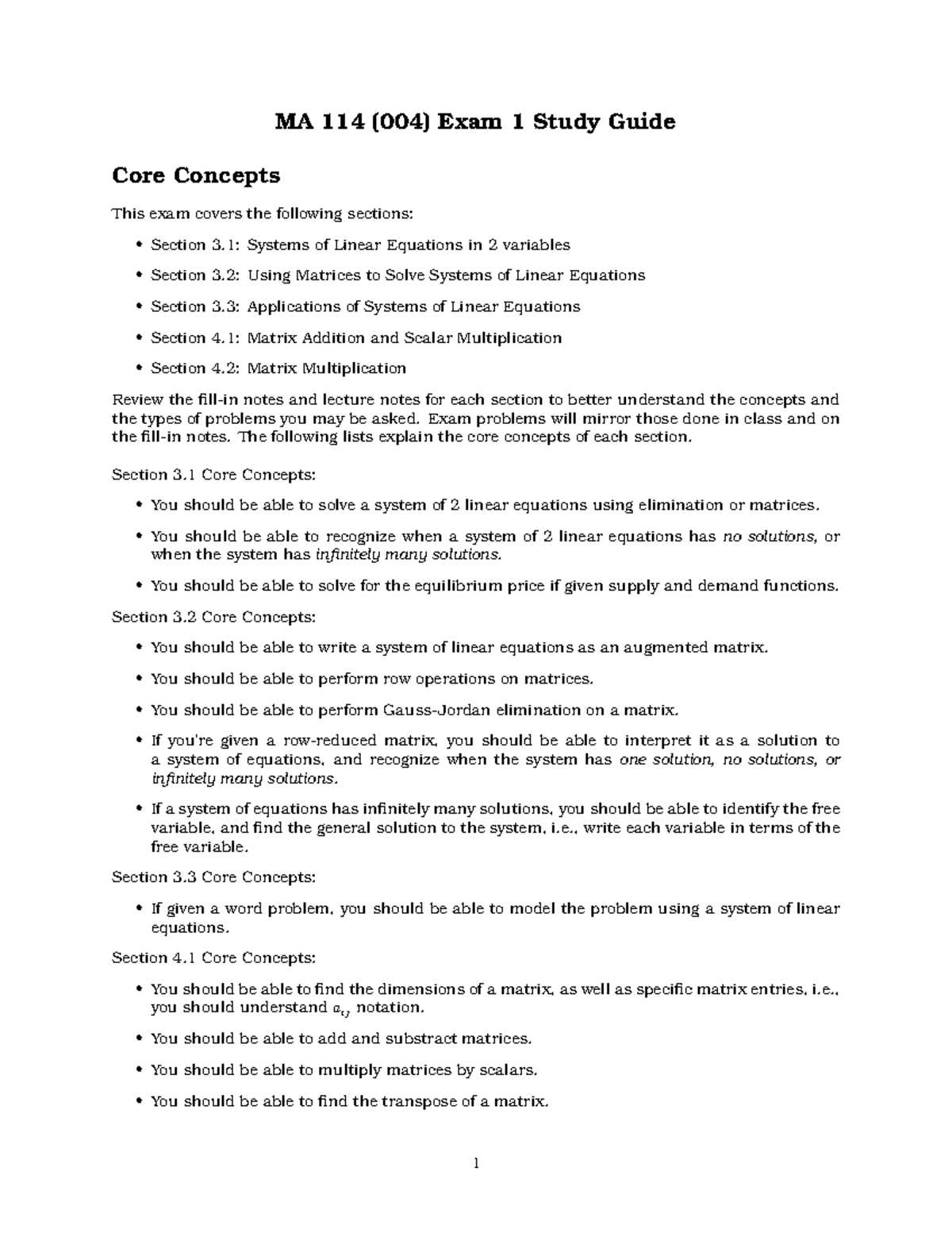 MA114Exam1Study Guide - MA 114 (004) Exam 1 Study Guide Core Concepts ...