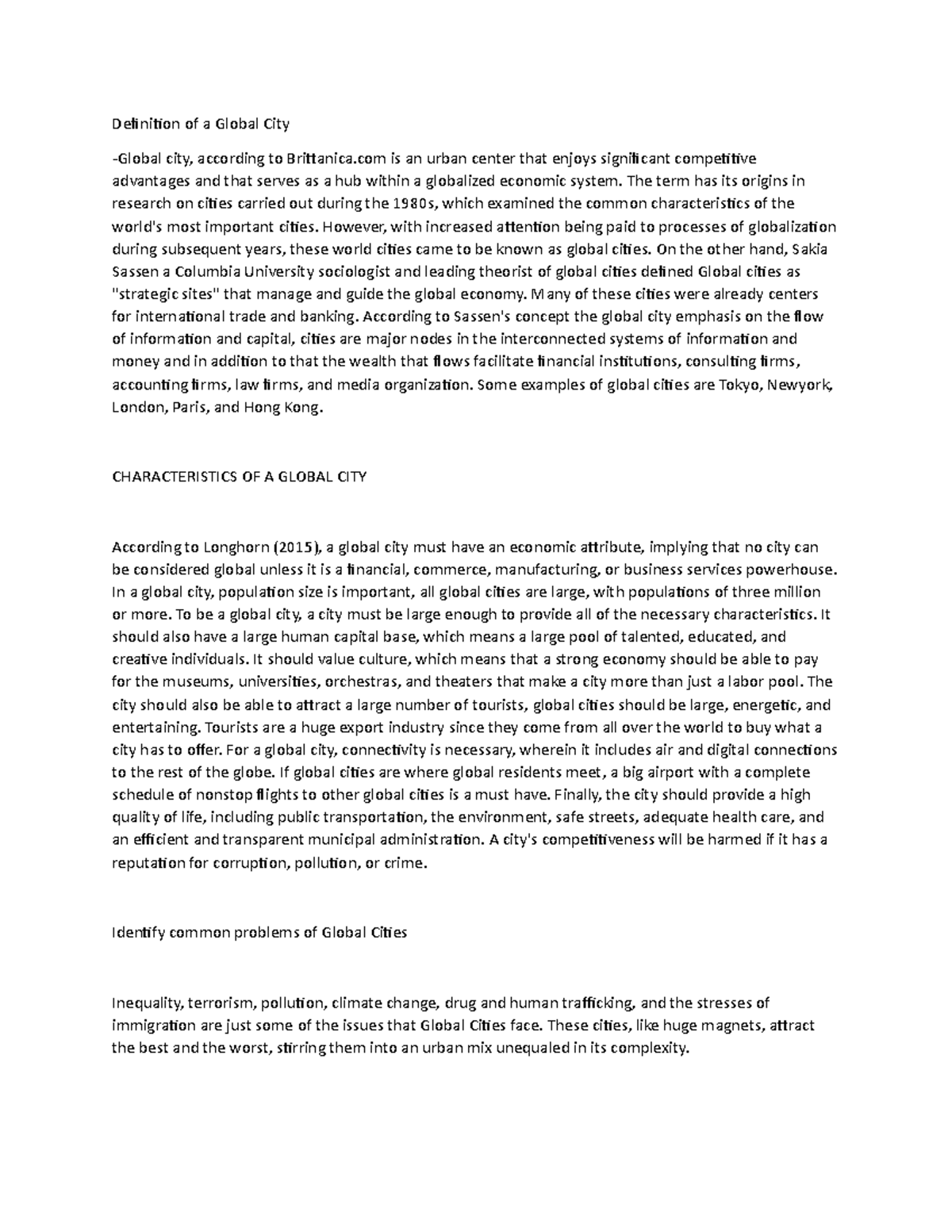 Global Cities: Definition, Characteristics, and Challenges - Studocu