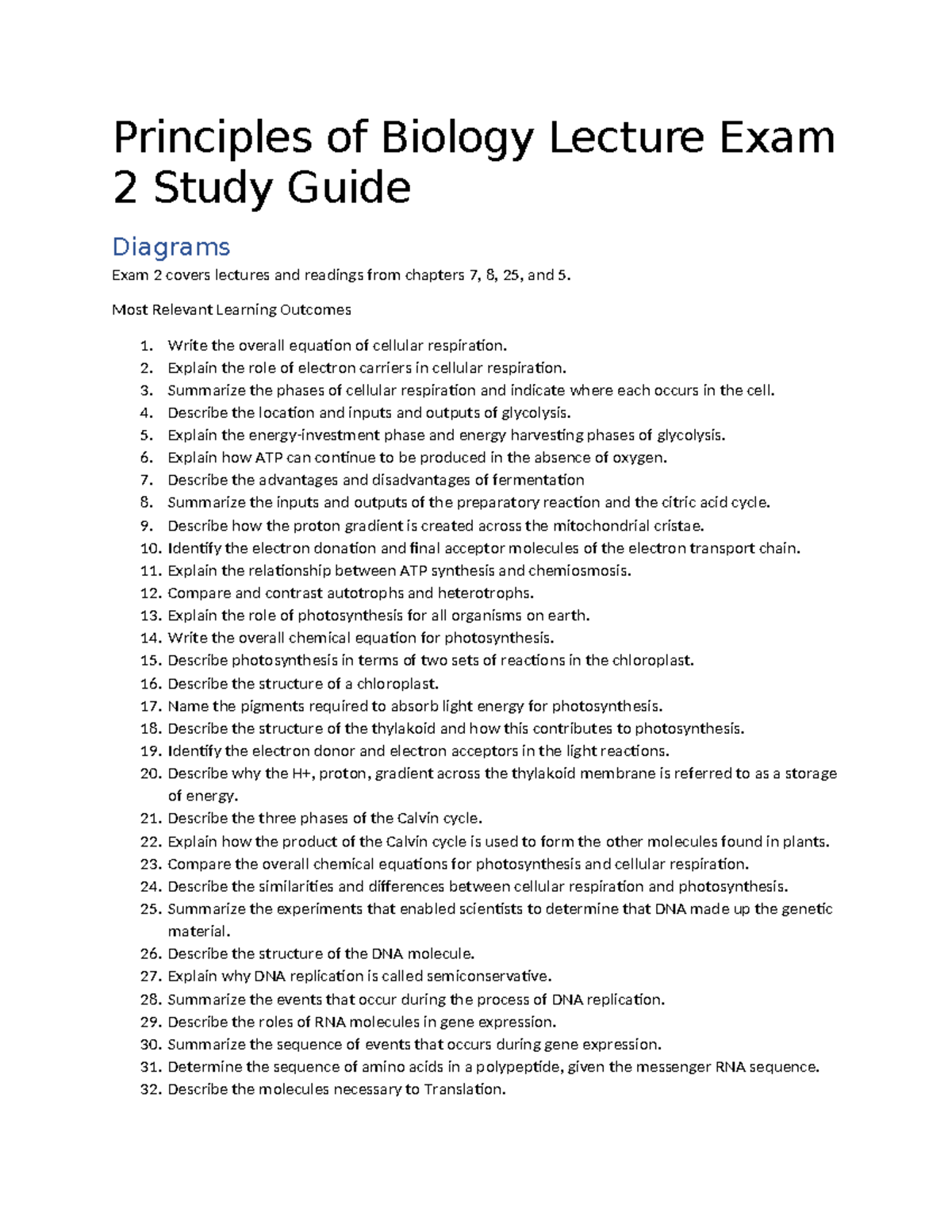 Principles of Biology BIO 101 Lecture Exam 2 Study Guide - Studocu