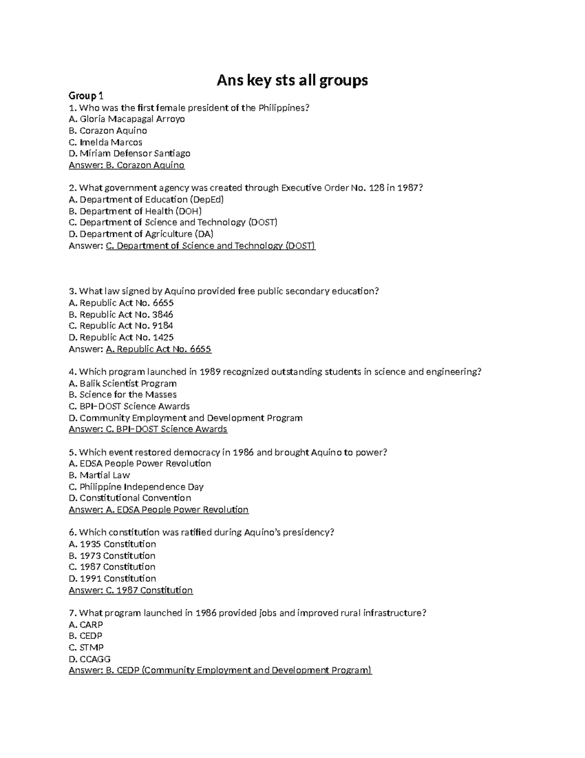 Answer Key for STS All Groups - Students - Studocu