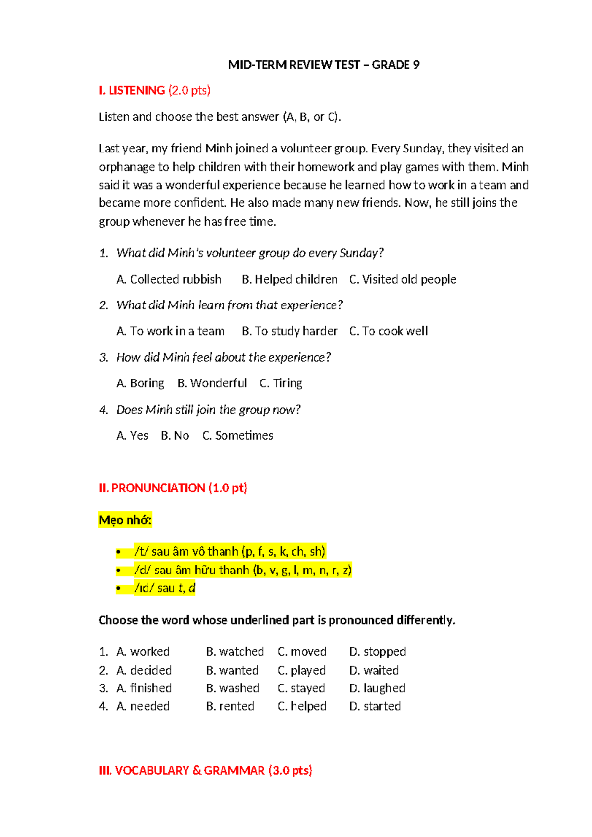 REVIEW TEST GRADE 9: LISTENING & VOCABULARY (Midterm) - Studocu
