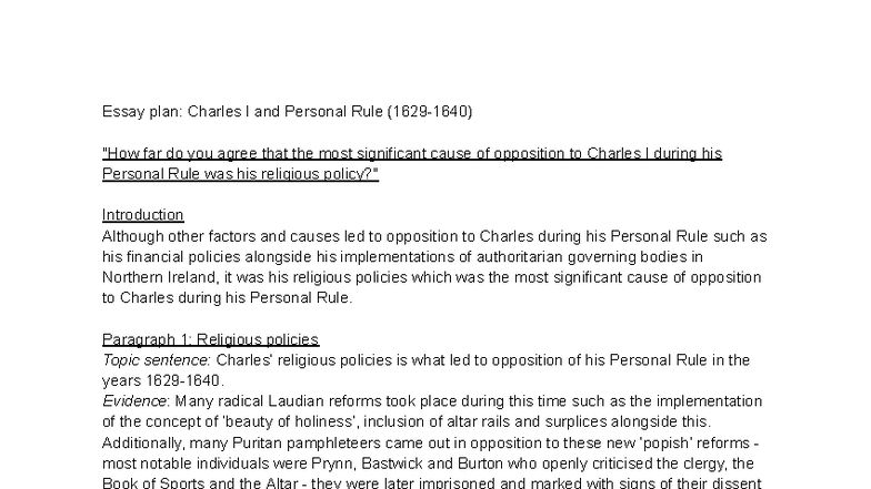 Essay Plan: Charles I and Personal Rule (1629-1640) - Causes of ...