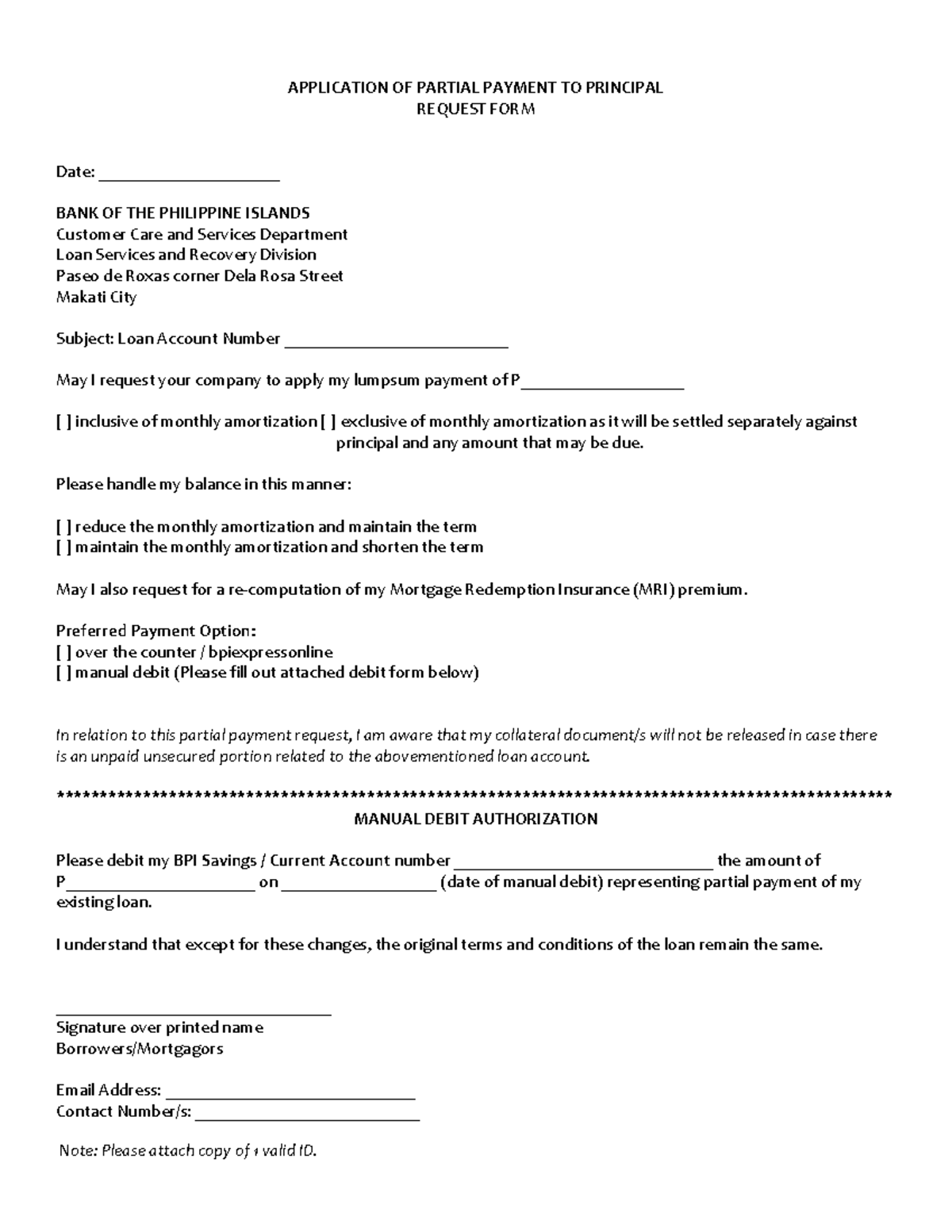 BPI Form - Partial Payment Request for Loan Account - Studocu