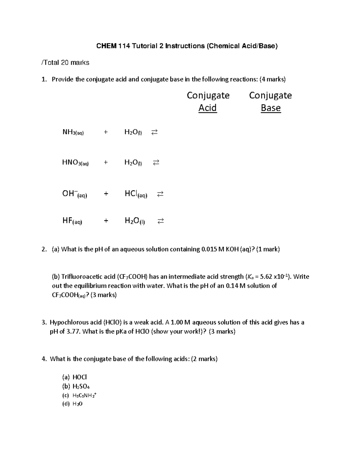 CHEM 114 Tutorial 2 Acid Base - CHEM 114 Tutorial 2 Instructions ...