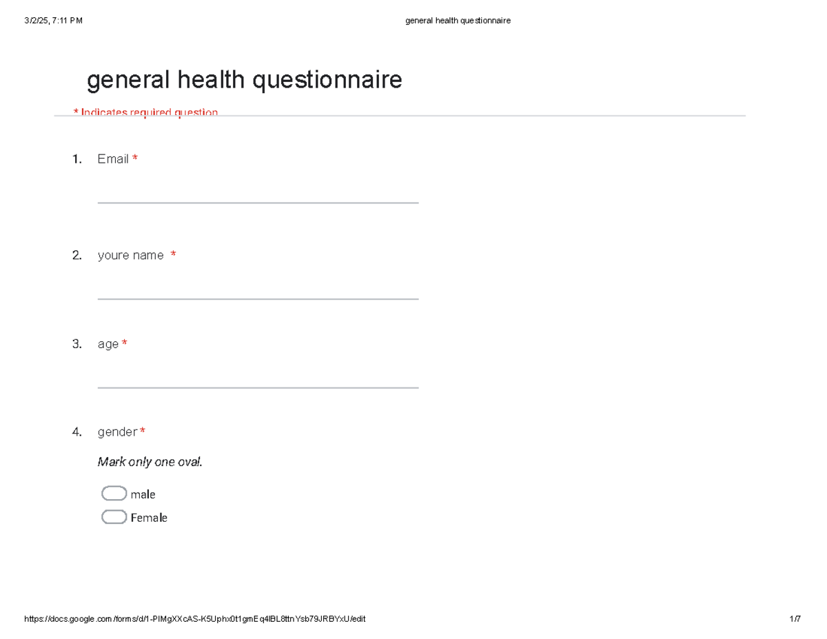 General Health Questionnaire for Wellness Assessment - Google Forms ...
