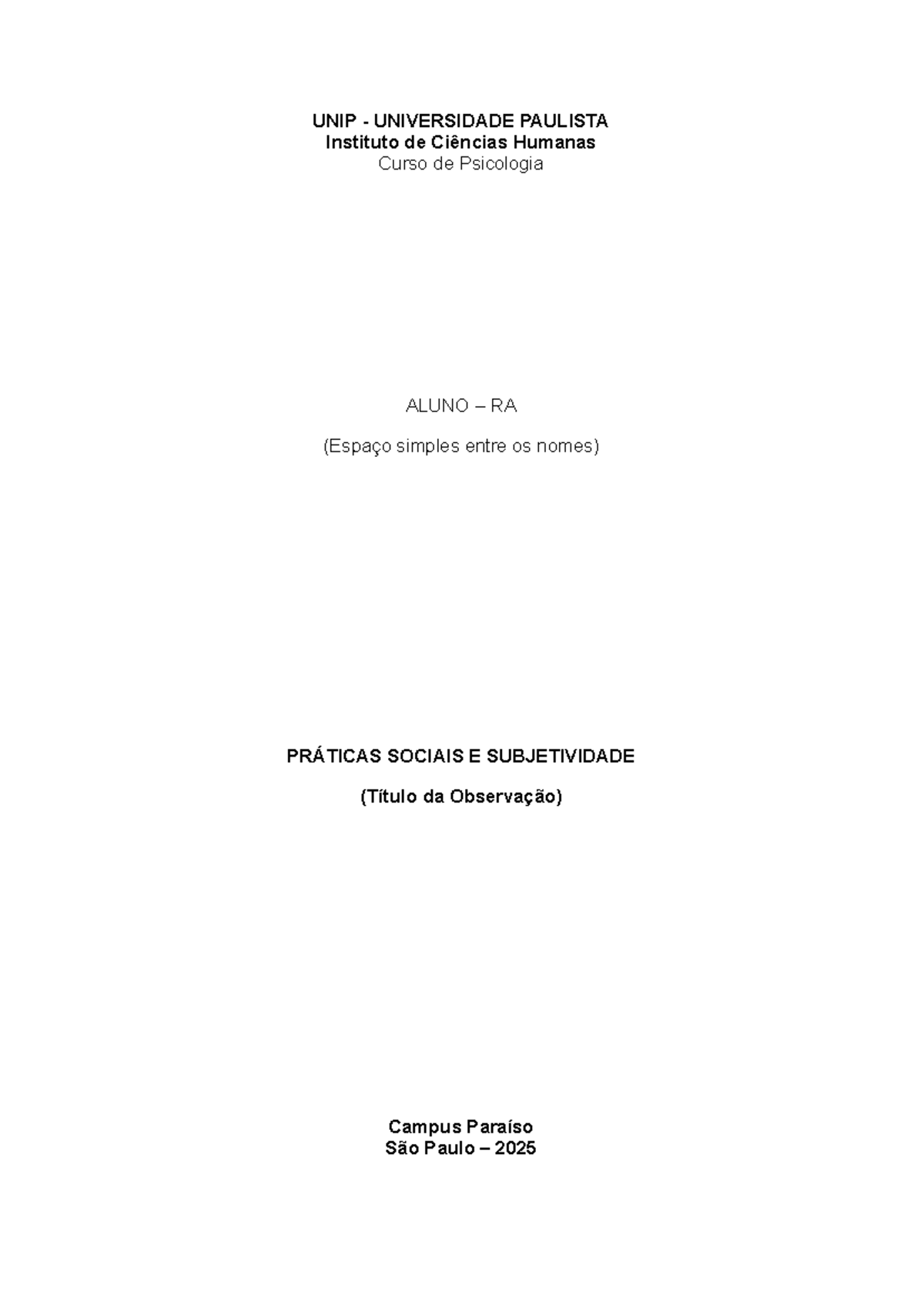 Modelo de capa folha de rosto e sumário - Relatório Final - UNIP ...
