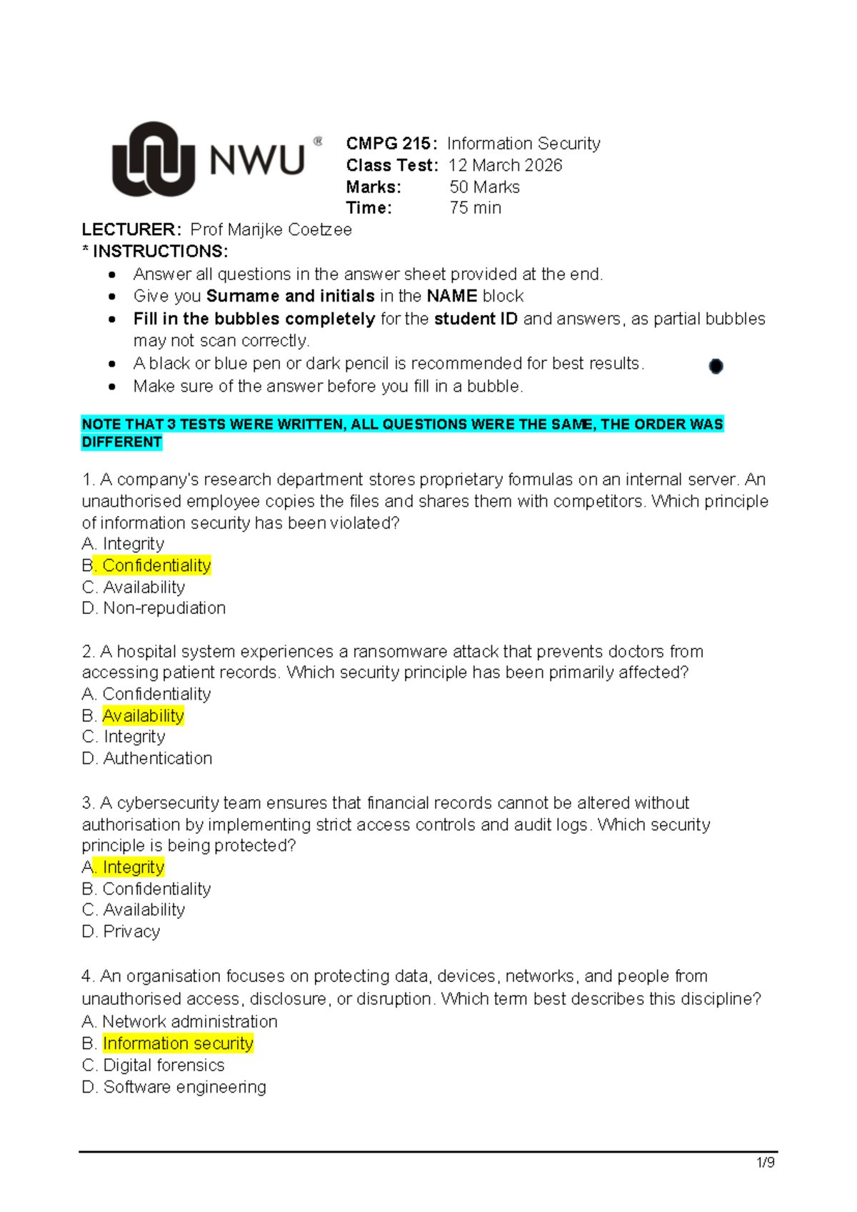 CMPG 215: Information Security Class Test 1 Memo - 13 March 2026 - Studocu