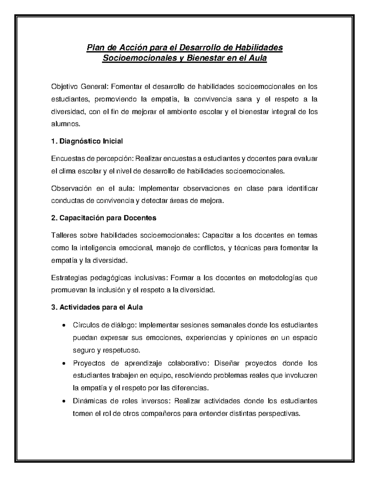 Plan de Acción Socioemocional y Bienestar en el Aula - Studocu