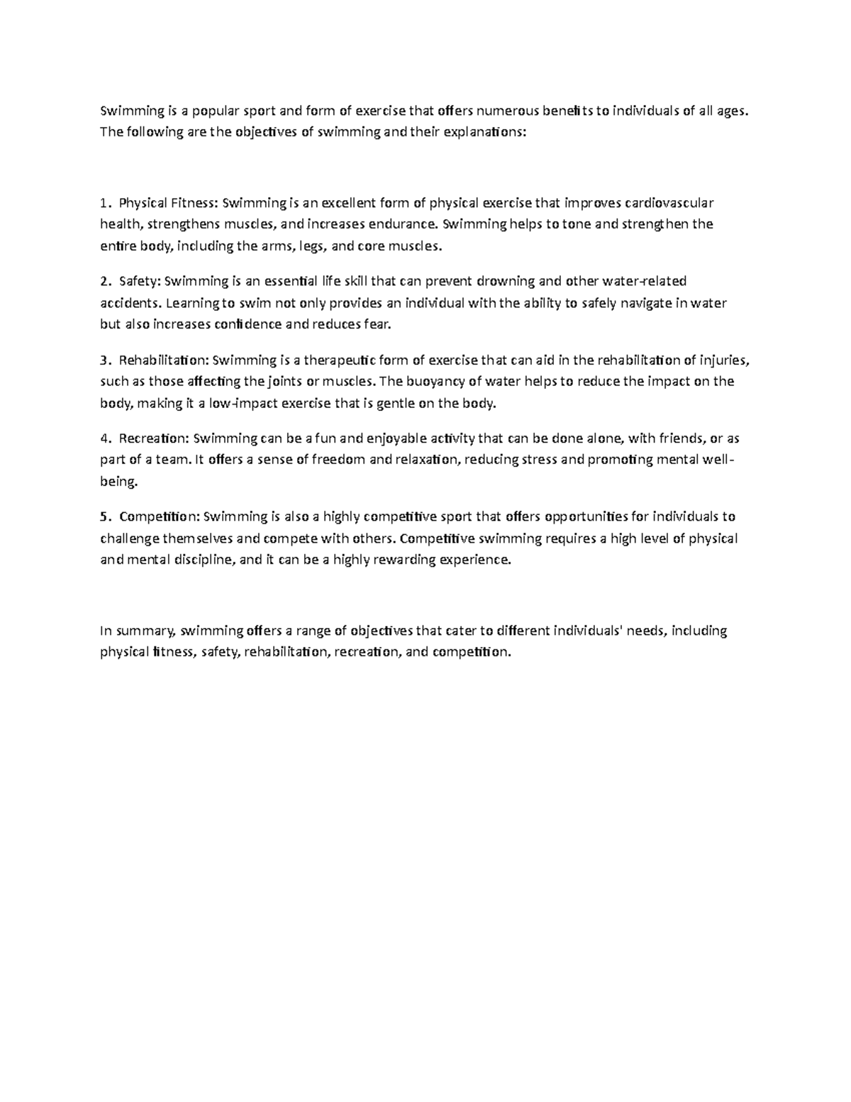 Benefits and Objectives of Swimming: A Comprehensive Overview - Studocu