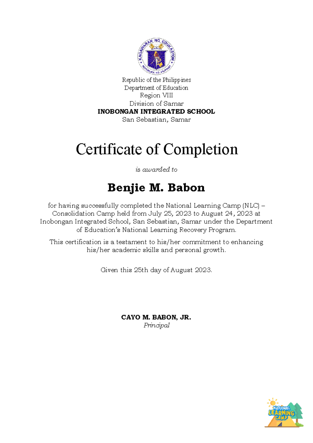 Certificates of Completion for National Learning Camp 2024 (NLC) - Studocu
