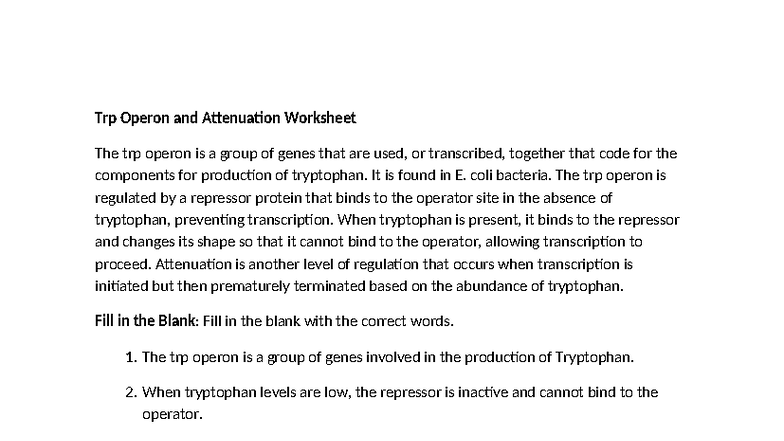 Trp Operon and Attenuation Worksheet (Bio 101) - Studocu
