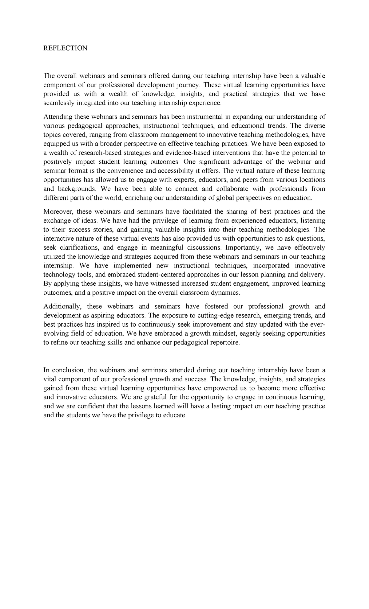 Teaching Internship Reflection: Insights from Webinars & Seminars - Studocu