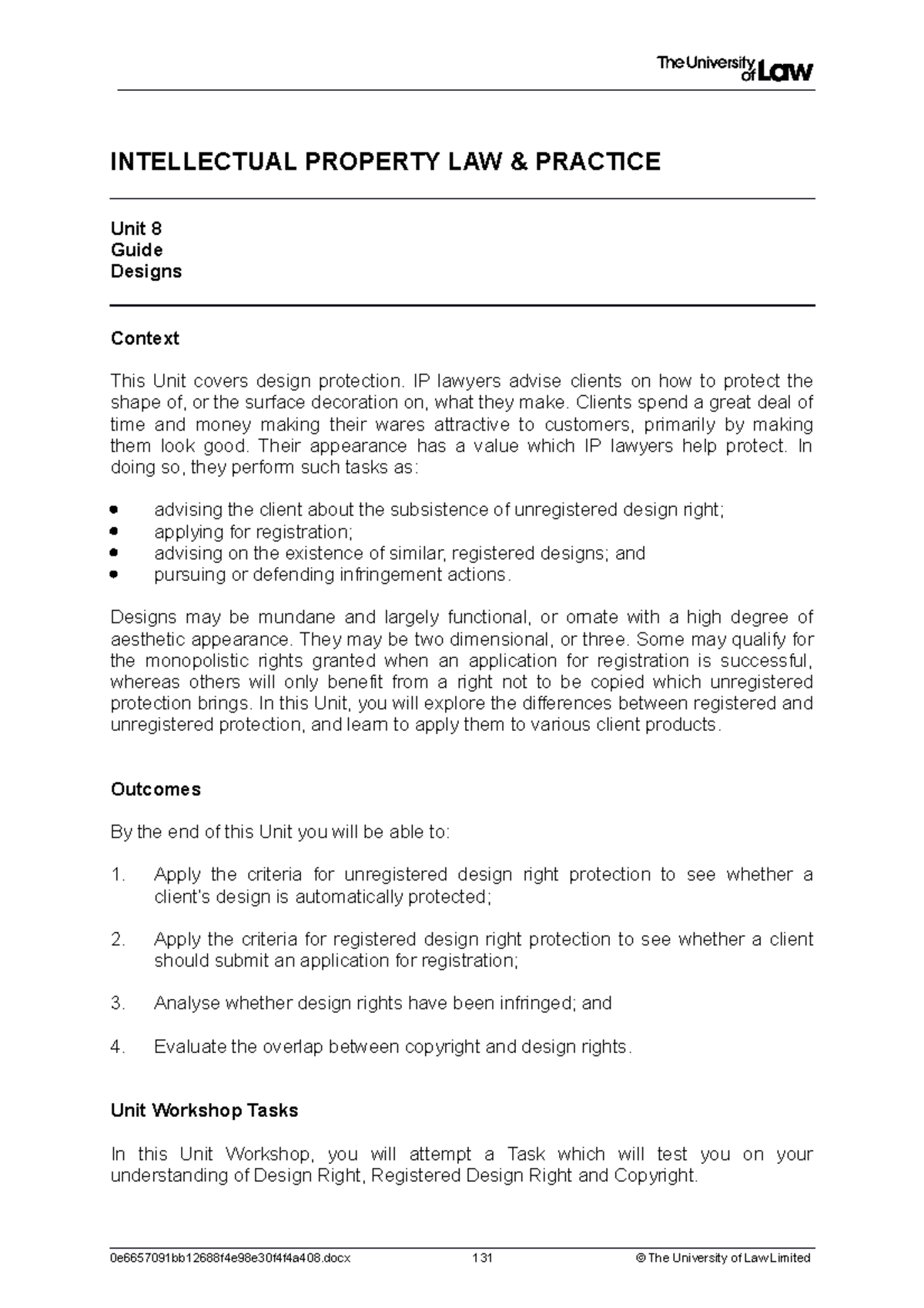 Designs WS guide - INTELLECTUAL PROPERTY LAW & PRACTICE Unit 8 Guide ...
