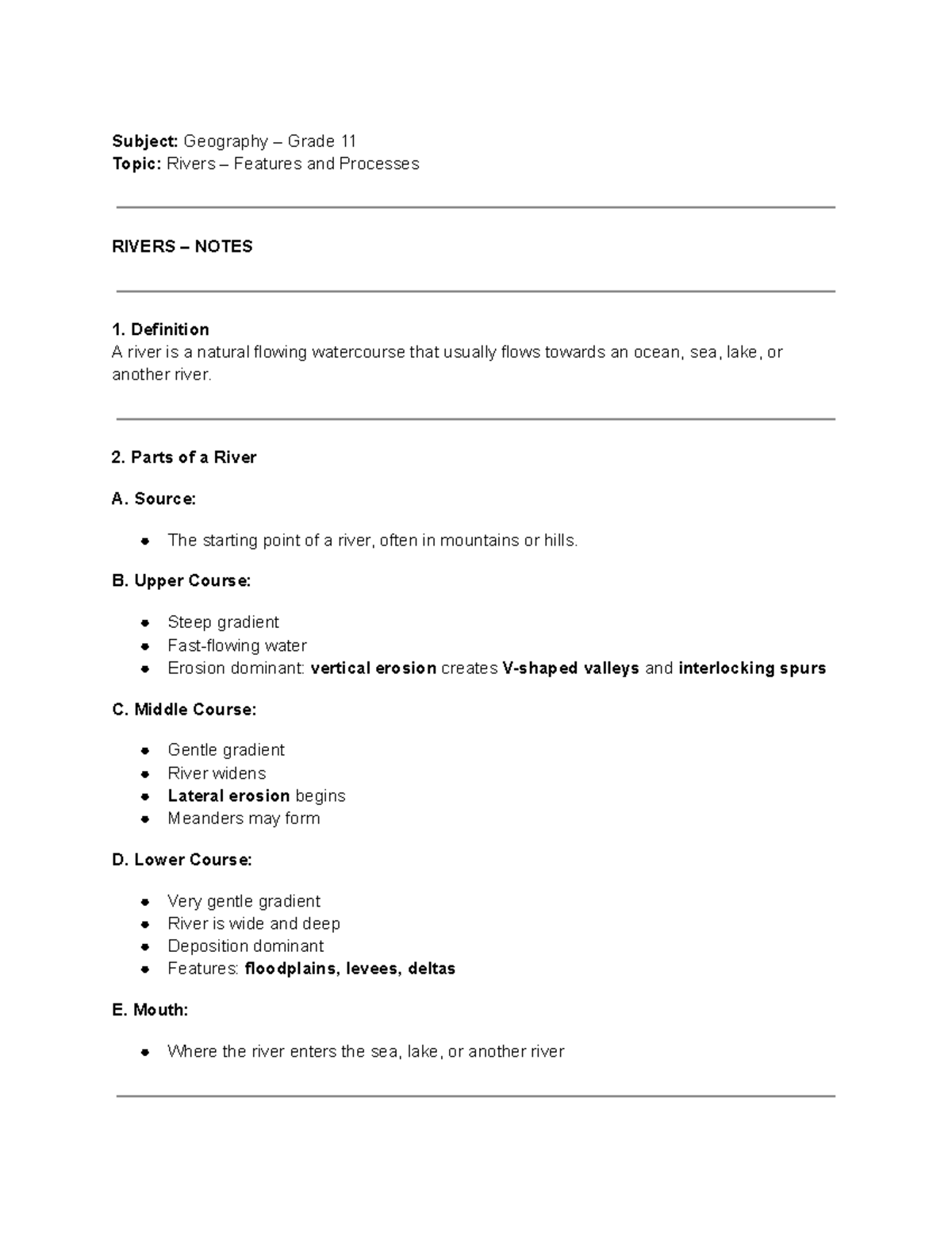 Geography Grade 11: Rivers Features & Processes Notes - Studocu