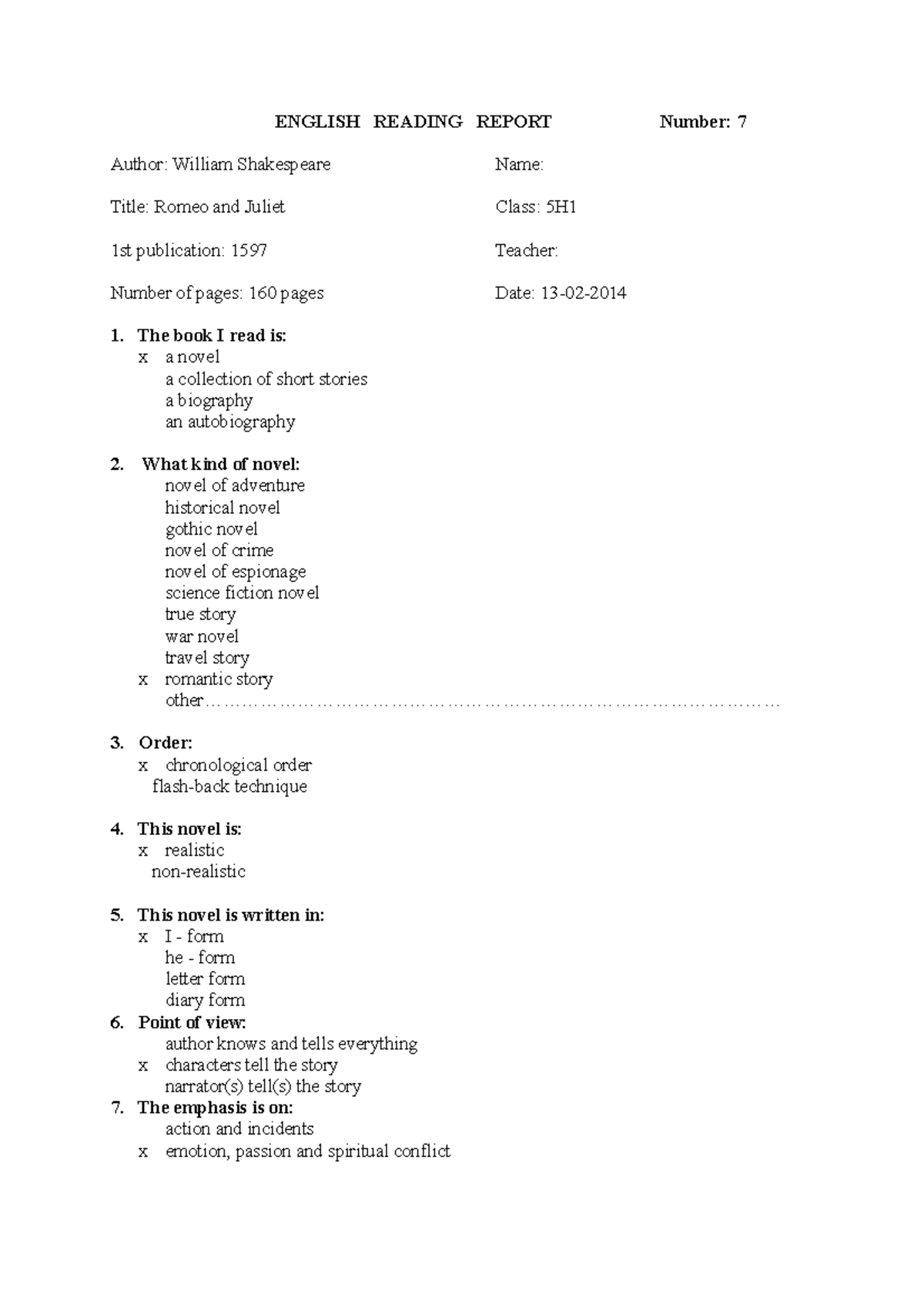 English Reading Report Romeo and Juliet - ENGLISH READING REPORT Number ...