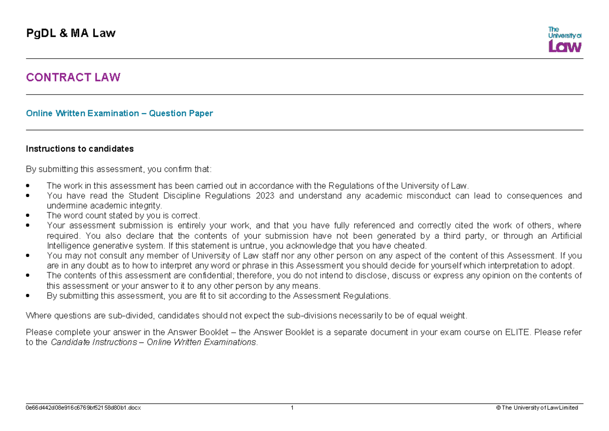 PgDL MA Law Contract Law Online Exam Instructions & Questions - Studocu