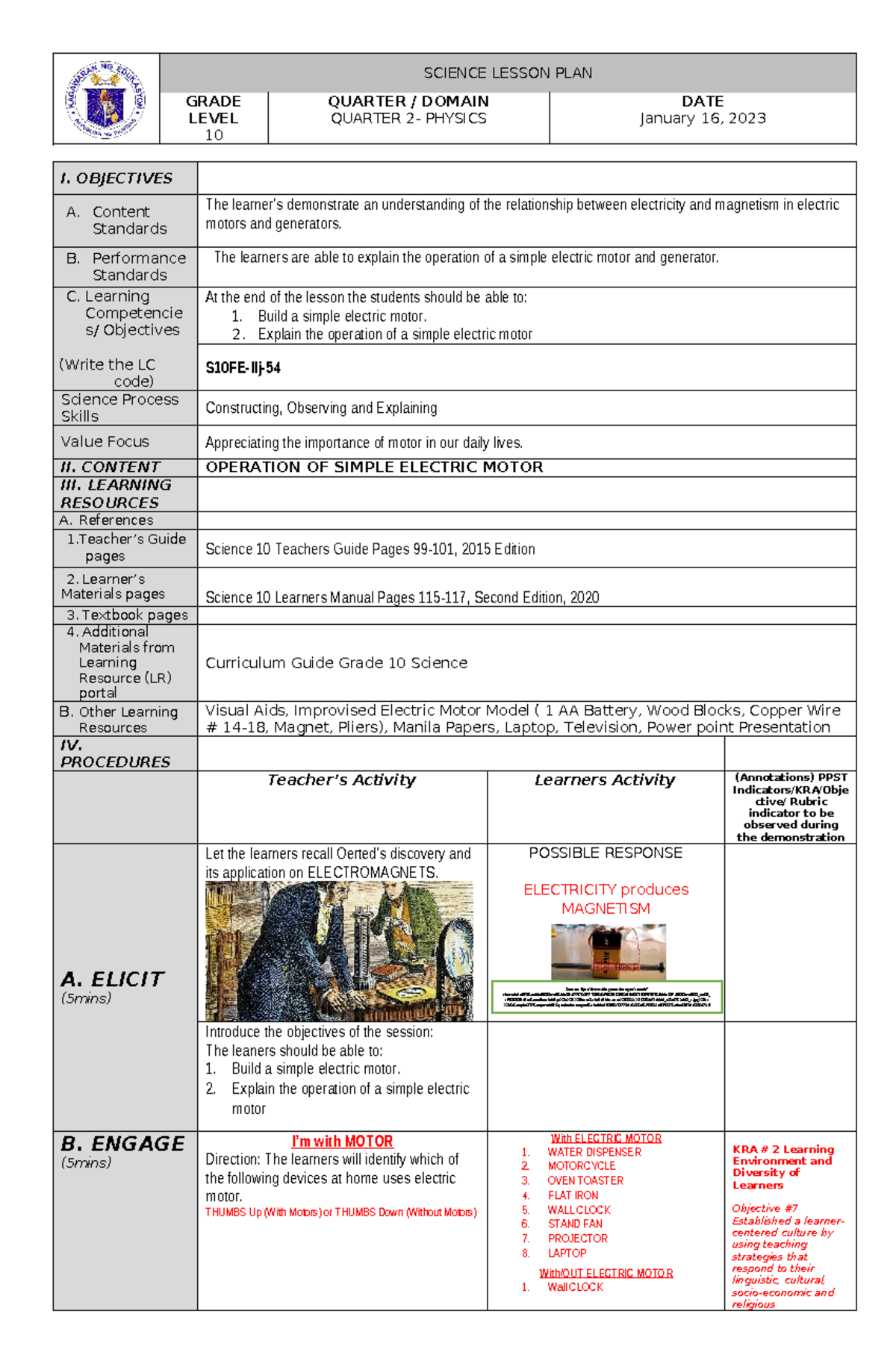 COT DLP Electric Motor - Physics Lesson Plan for Grade 10 Quarter 2 ...