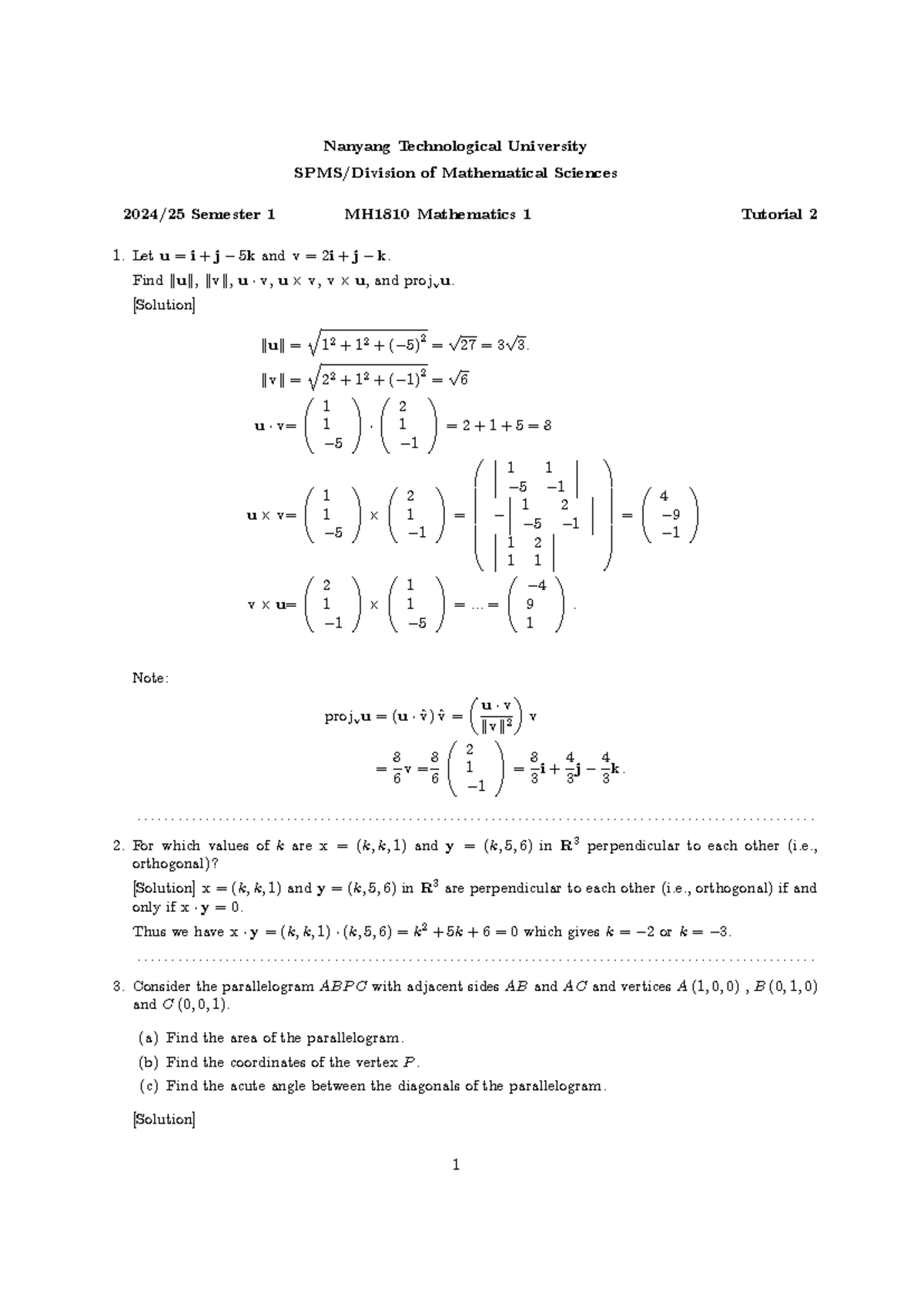 MH1810 Mathematics 1 Semester 1 Tutorial 2 Solutions on Vectors - Studocu