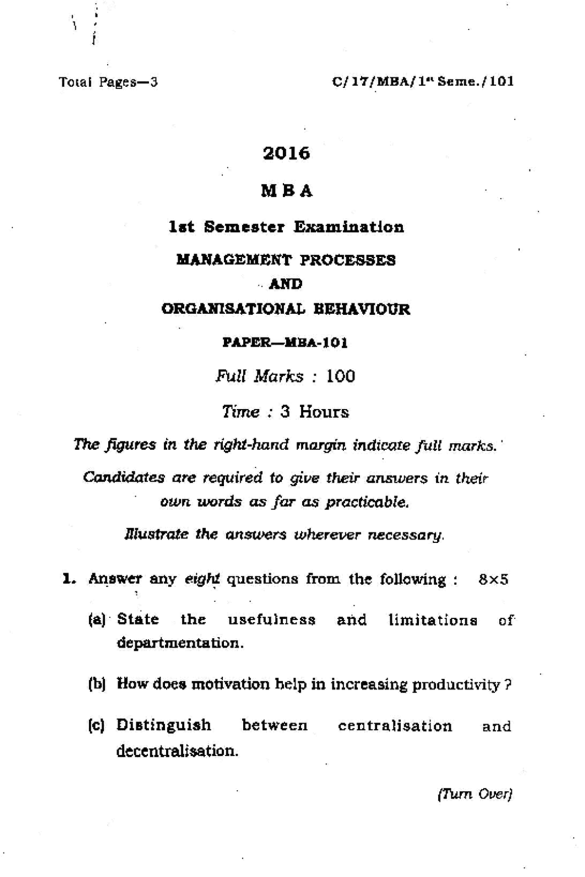 MBA-101 - Question Papers - MBA-General Management Papers - Studocu