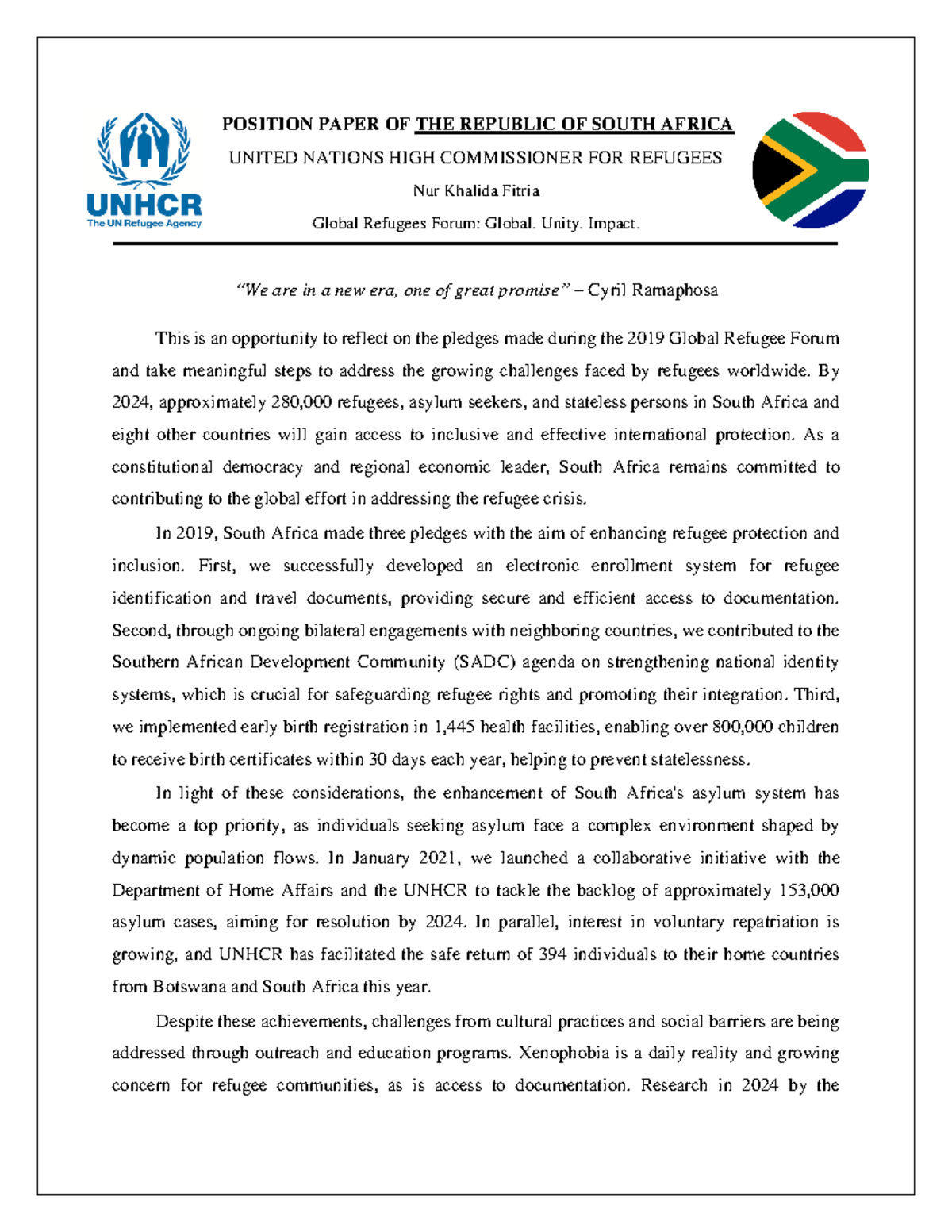 Unikom MUN Position Paper: South Africa's Commitment to Refugee ...