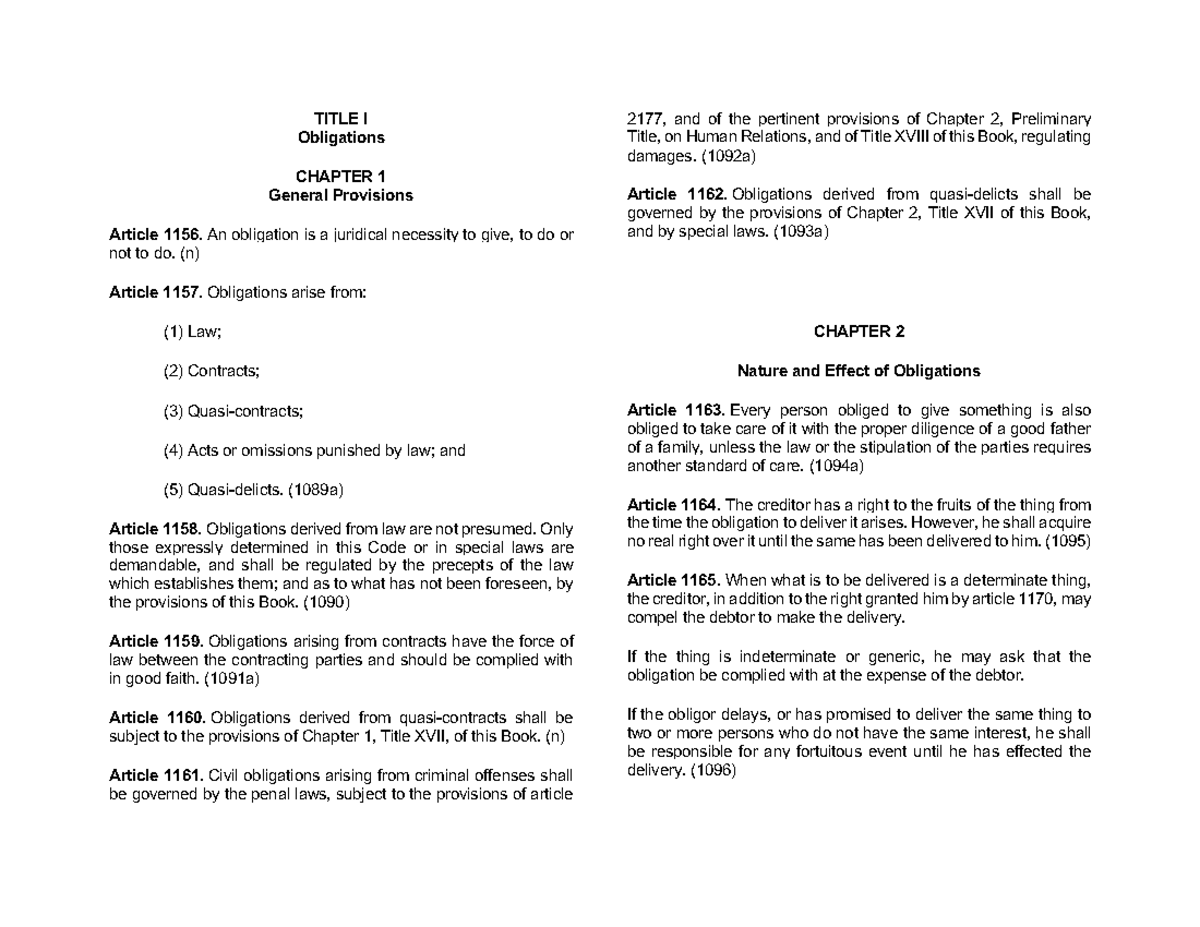 Provisions on Obligations and Contracts (TITLE I & II) - Studocu