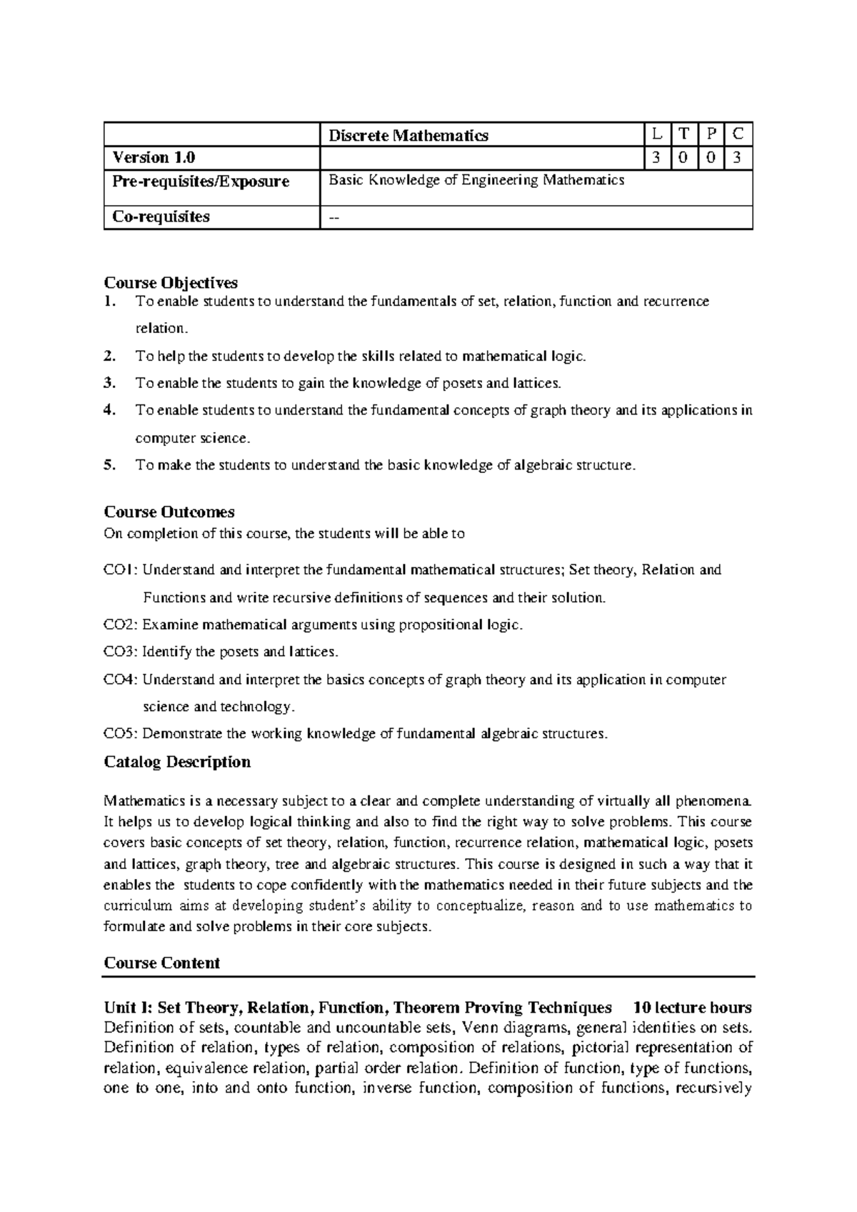 Course plan Discrete Mathematics - Course Objectives 1. To enable ...