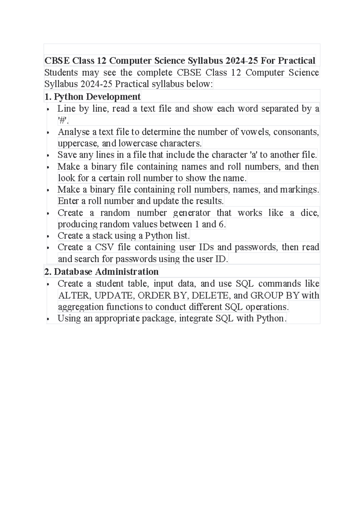 CBSE Class 12 Computer Science Practical Syllabus 2024 - Studocu