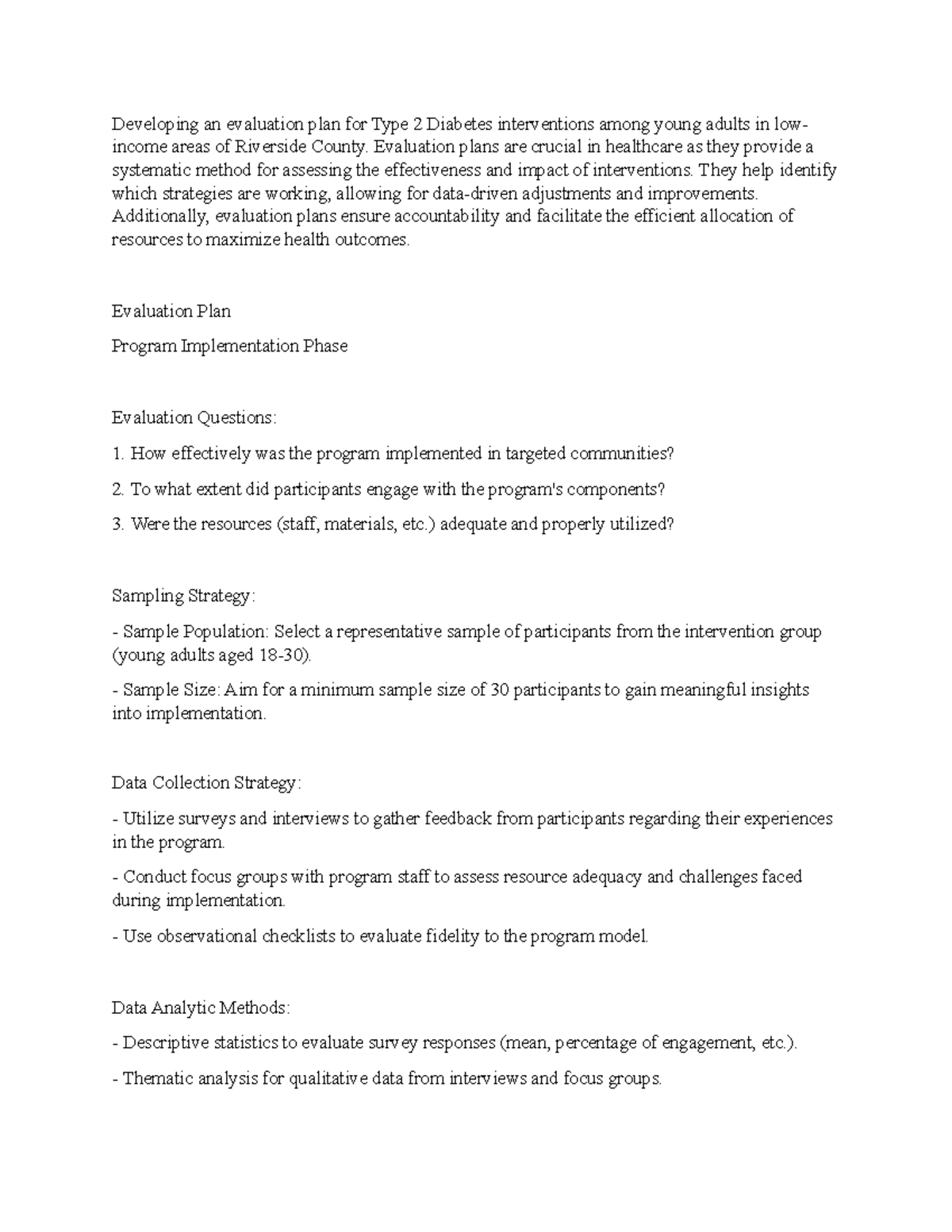PHE 489 5-1 Discussion: Evaluation Plan for Type 2 Diabetes ...