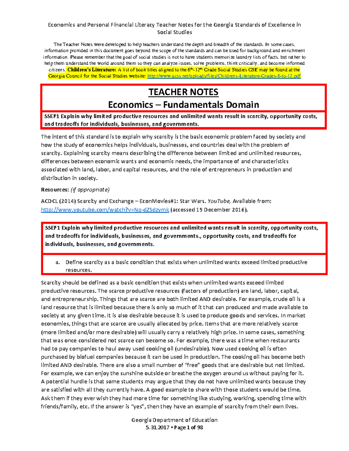 Social Studies Economics Teacher Notes: Understanding Scarcity ...