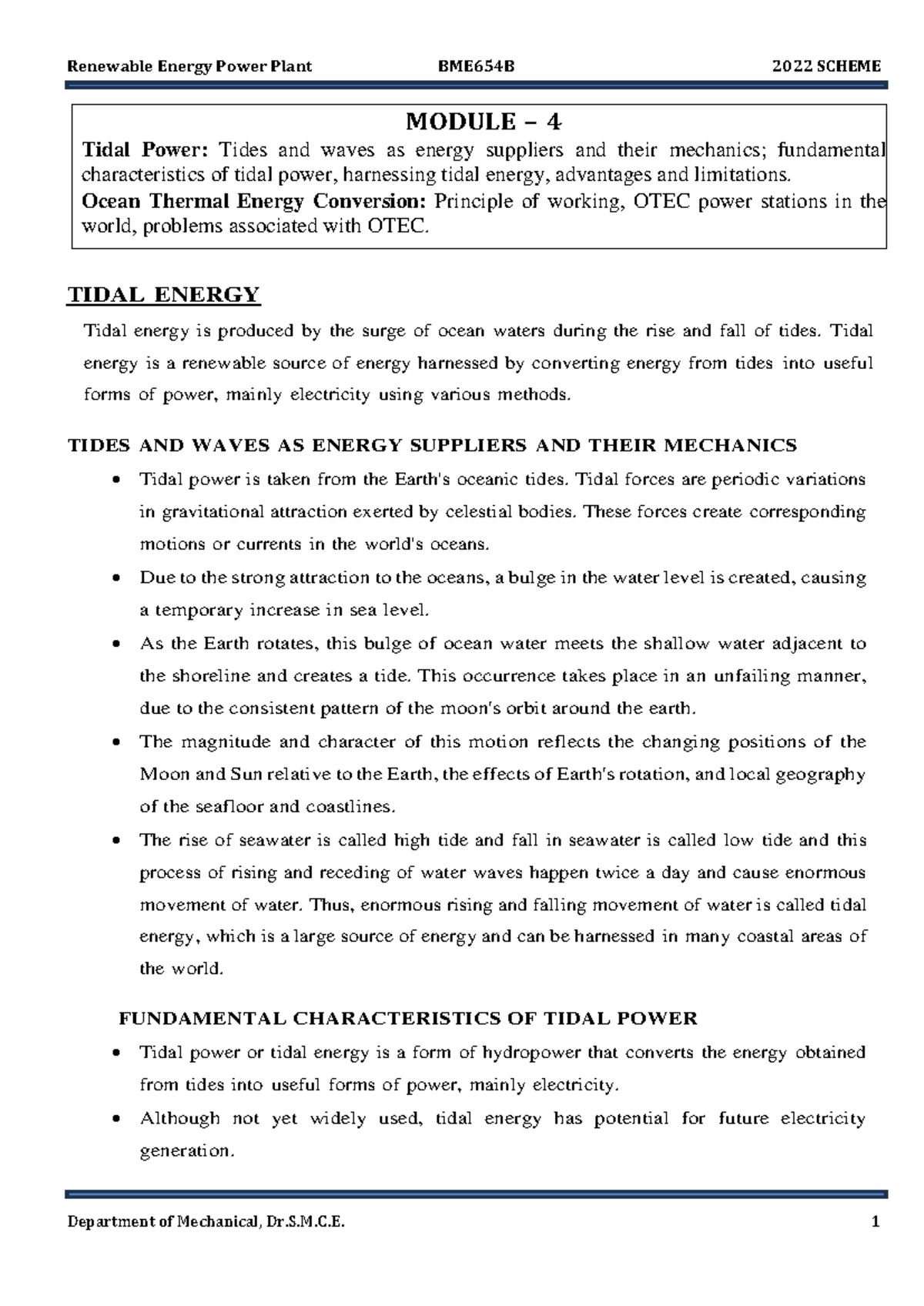 Renewable Energy Power Plant BME654B 2022 SCHEME: Tidal & OTEC Insights ...