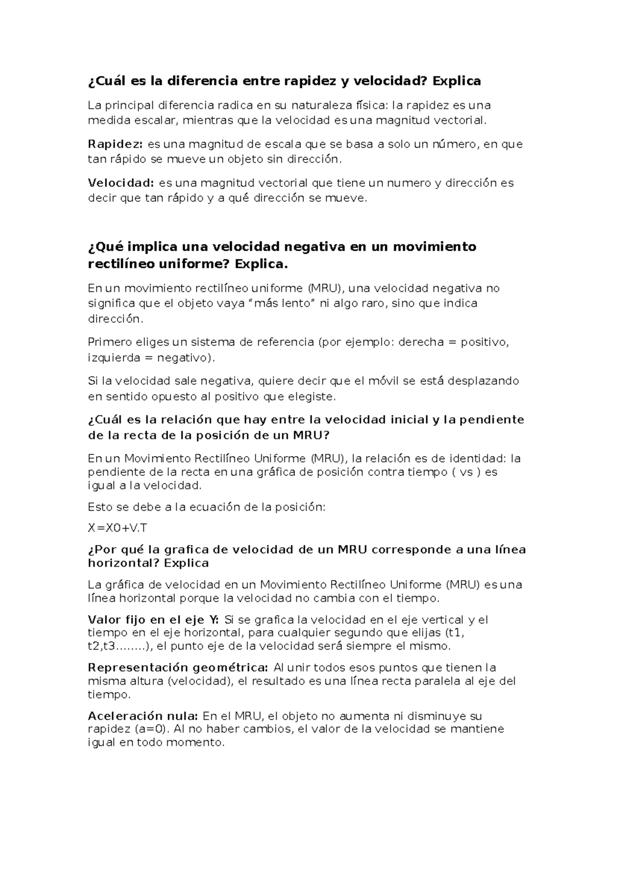 Diferencias entre Rapidez y Velocidad en MRU: Preguntas y Conclusión ...