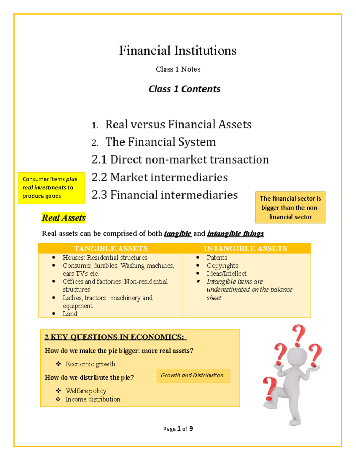 Financial Institutions Class 1 Lecture Notes on Real Assets and ...