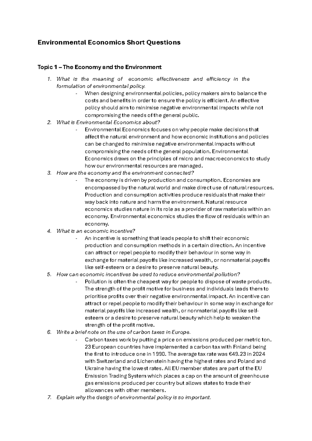 EC4055 Environmental Economics Short Questions from Week 1 to 7 - Studocu