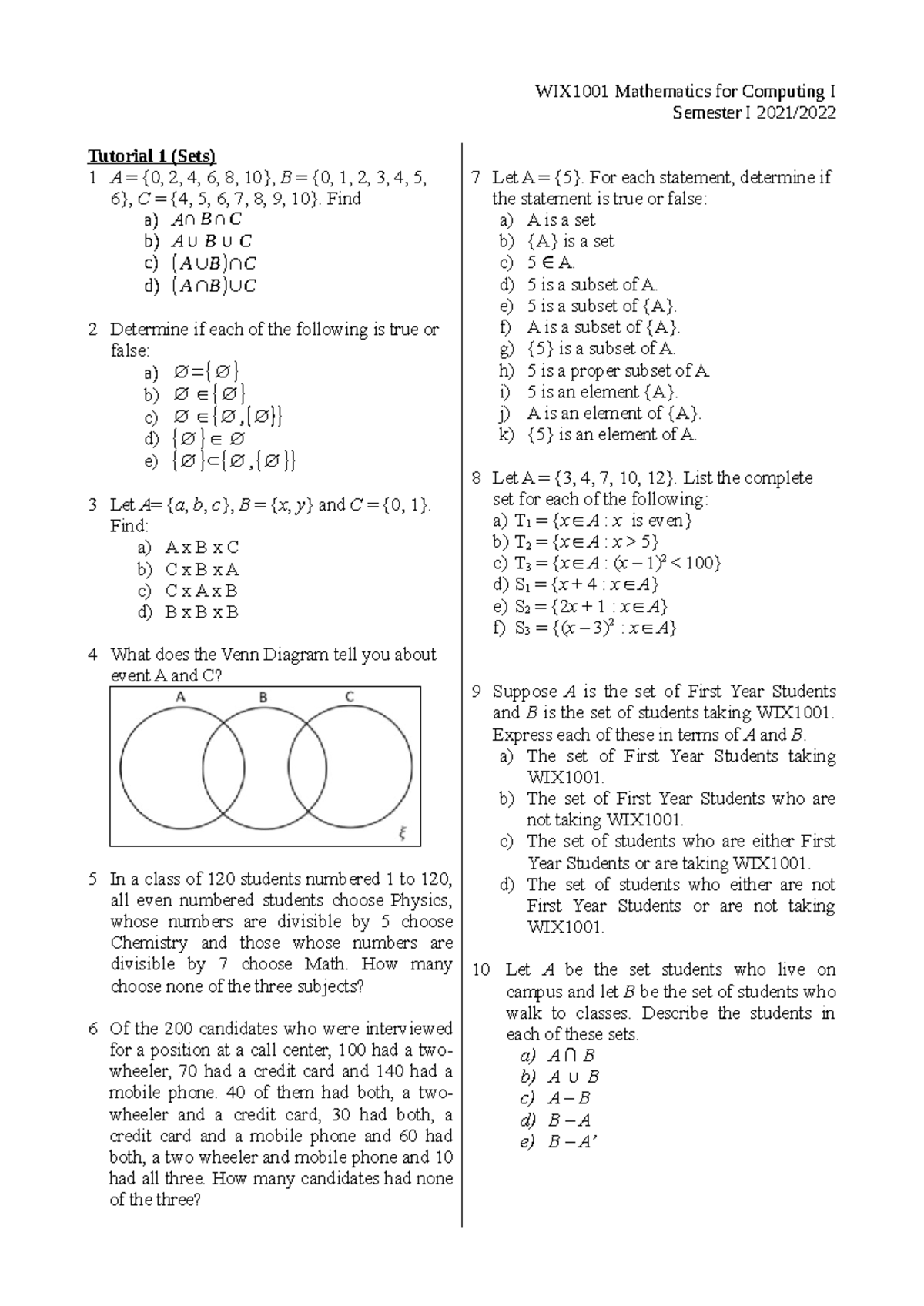 W1 Tutor Sets - GOOD LUCK - WIX1001 Mathematics for Computing I Semester I 2021/ Tutorial 1 ...